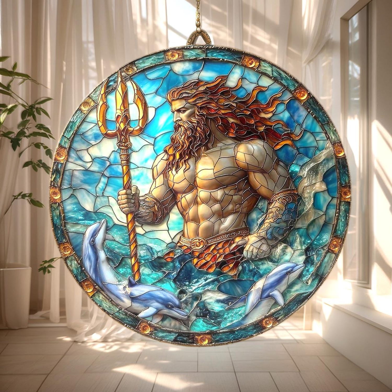 Poseidon Faux Stained Glass Acrylic Suncatcher, Ocean God Window Decor ...