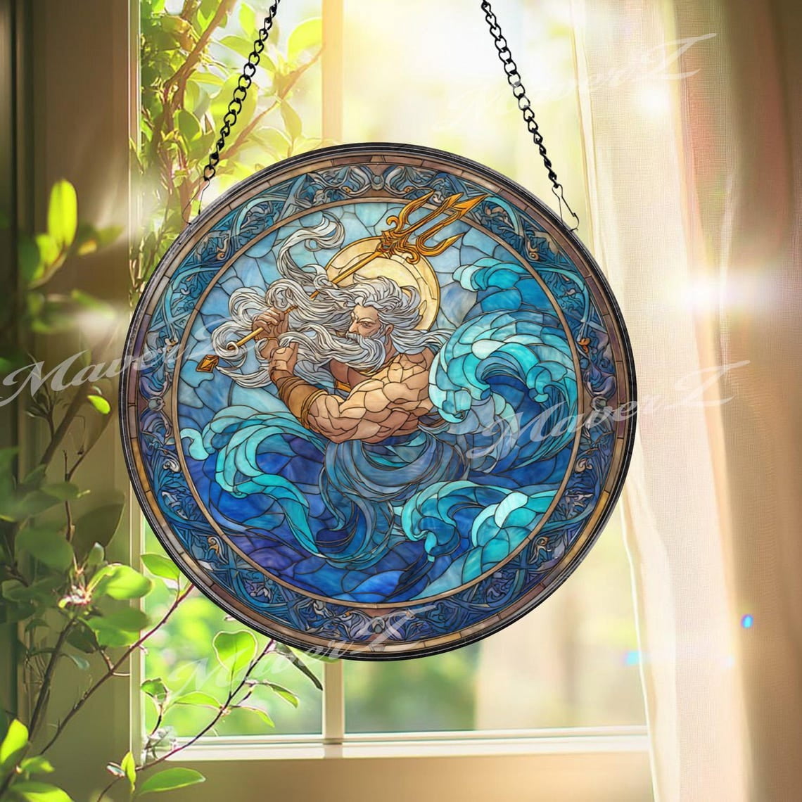 Poseidon Glass Suncatcher, Round Greek God of Sea Window Panel ...