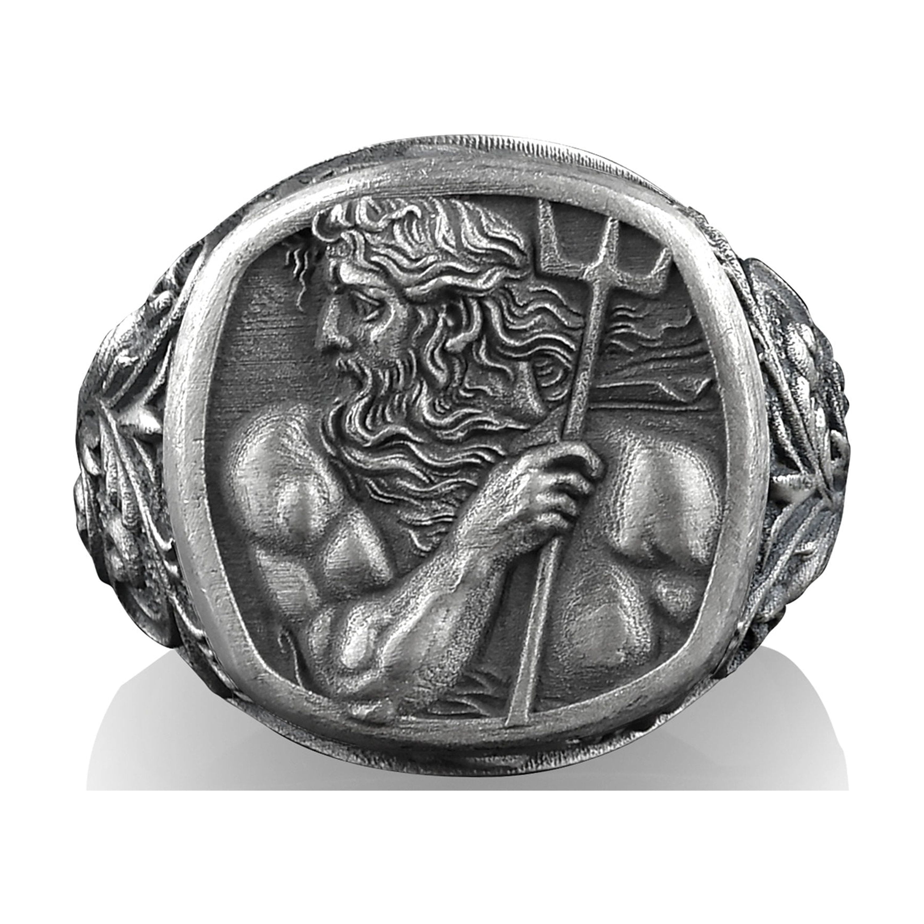 Poseidon with Trident, God of The Sea Square Signet Ring, Sterling ...