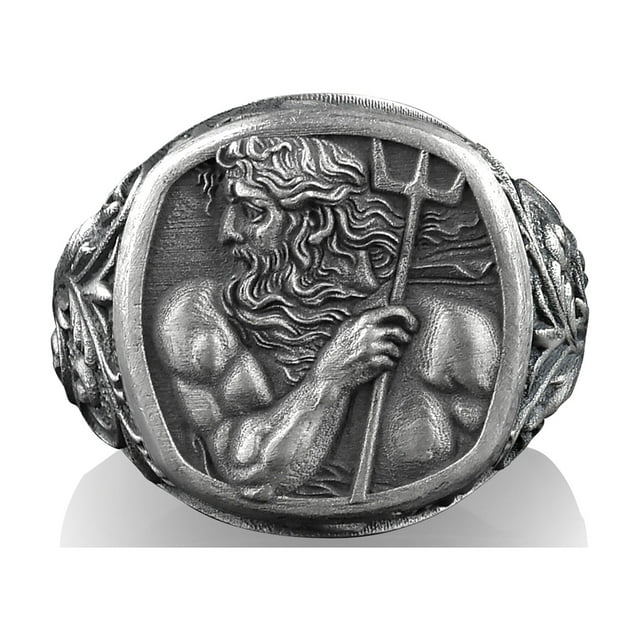 Poseidon with Trident, God of The Sea Square Signet Ring, Sterling ...