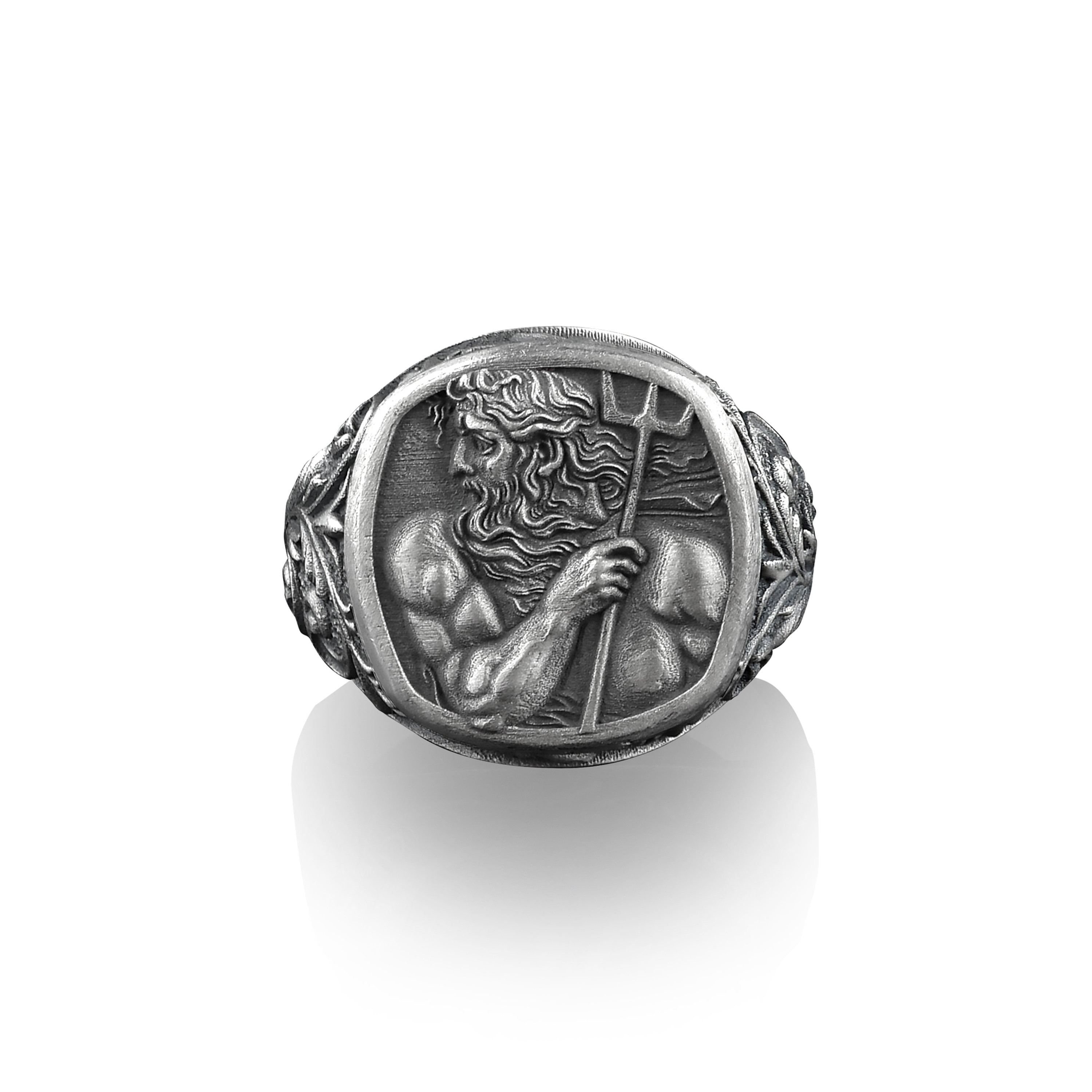 Poseidon with Trident, God of The Sea Square Signet Ring, Sterling ...