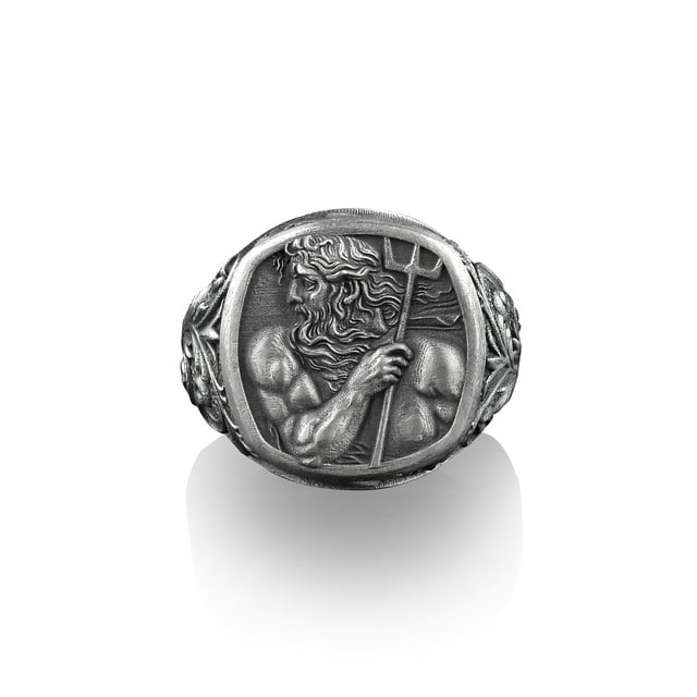 Poseidon with Trident, God of The Sea Square Signet Ring, Sterling ...