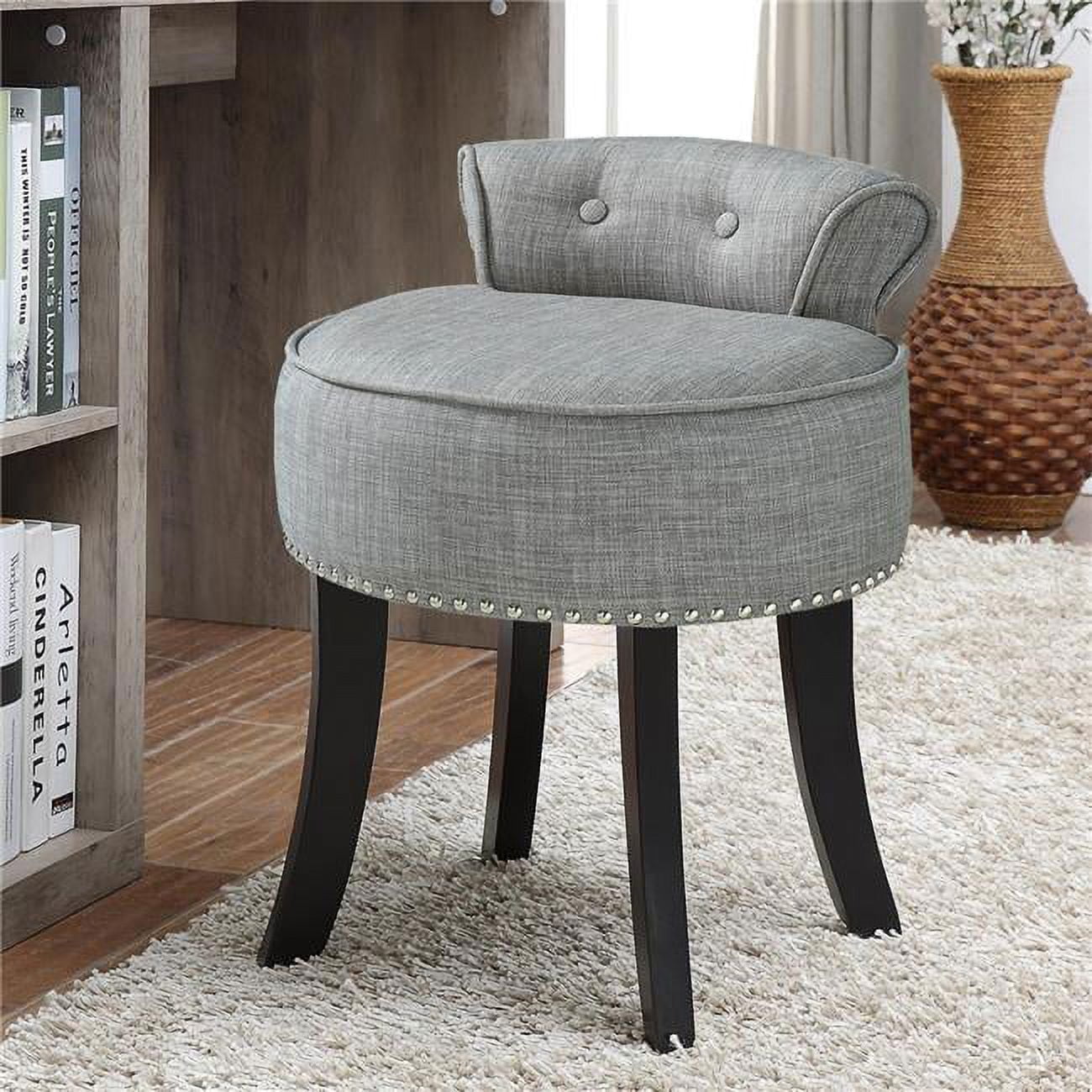 Posh Alena Tufted Linen Fabric Vanity Stool with Nailhead Trim in Gray ...