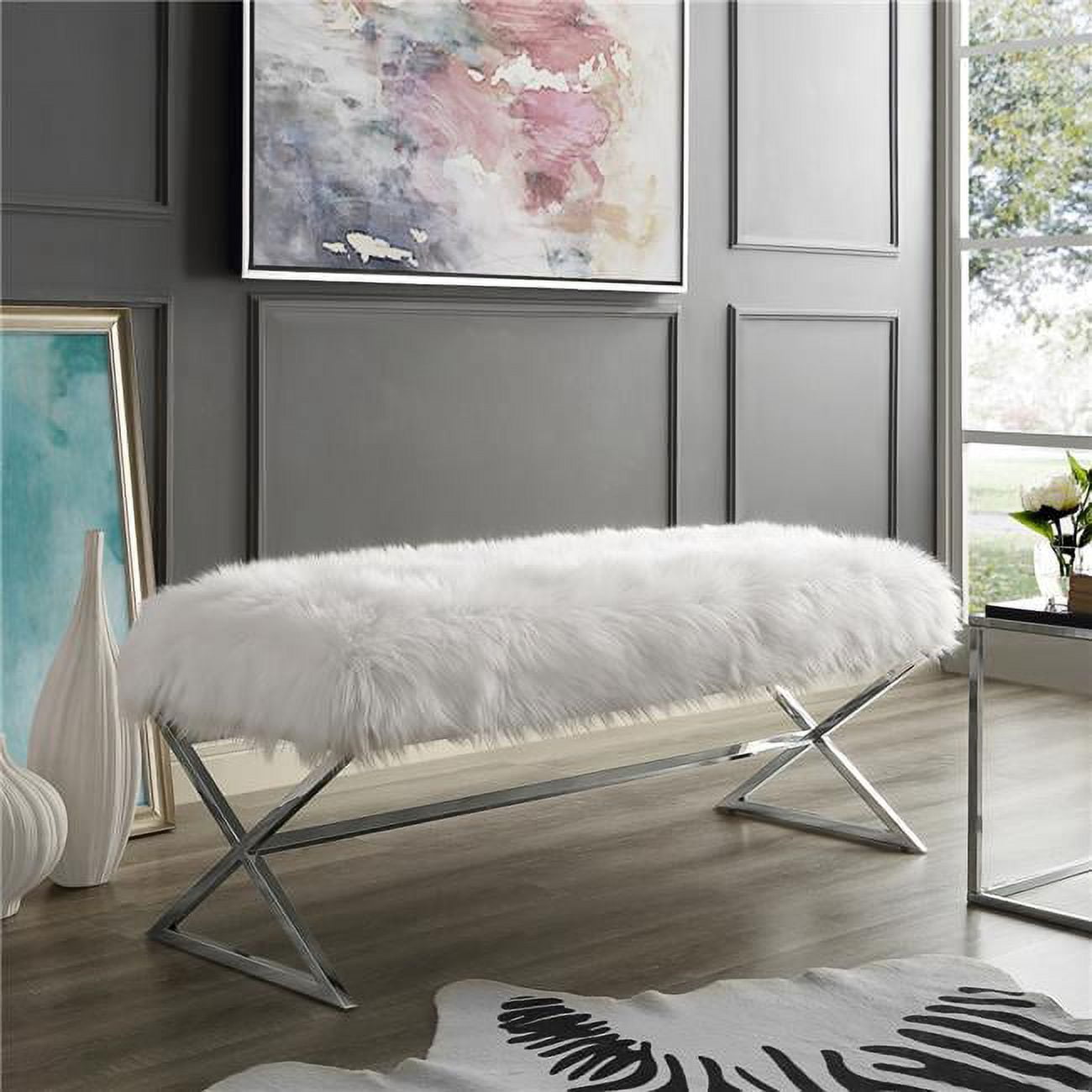 Posh Colin Fur Fabric Upholstered Bench with Stainless Steel Legs ...