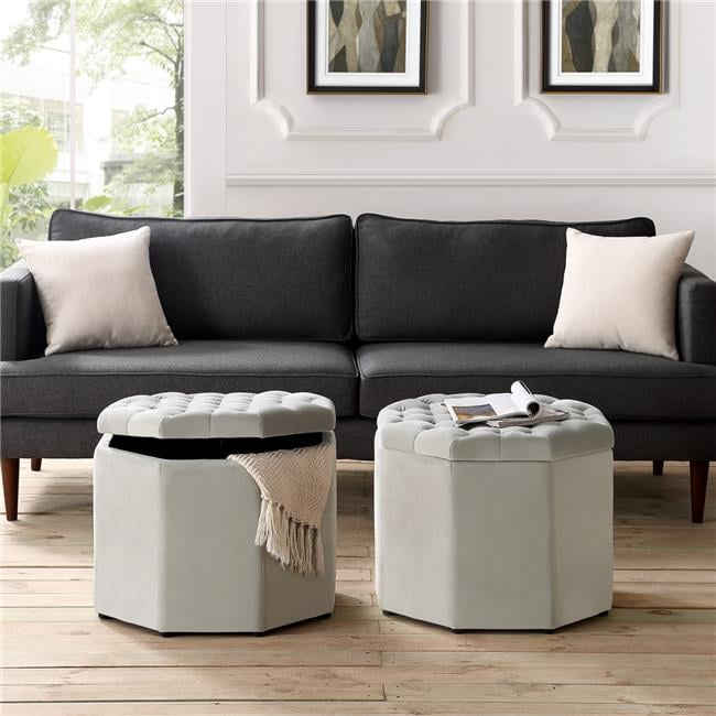 Posh Living Adrian Button Tufted Velvet Storage Ottoman in Gray ...
