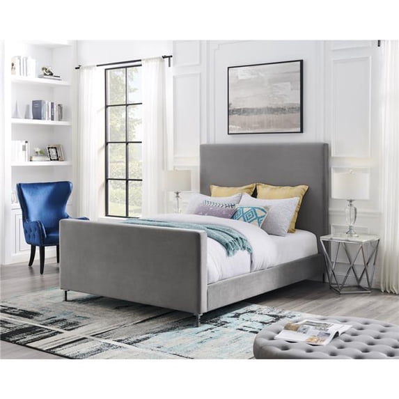 Posh Living Alex Velvet Upholstered Platform Queen Bed in Gray ...