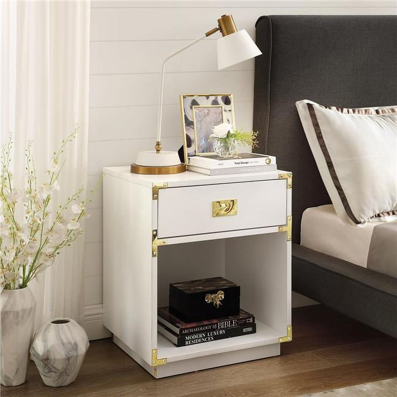 Posh Living Angela Nightstand with Metal Corner Brackets in White/Gold ...
