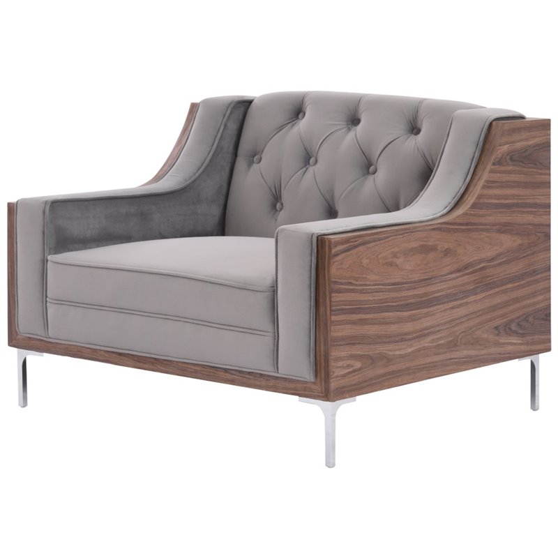 Posh Living Henry Velvet Sloped Arm Accent Chair in Gray/Chrome ...