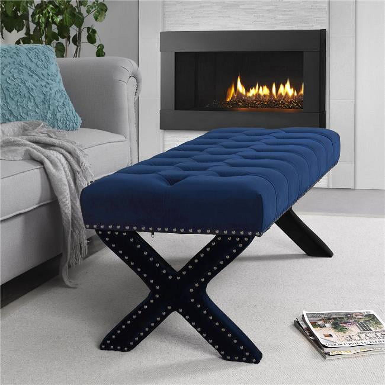 Posh Living Kennedy Tufted Velvet Bench with Nailhead Trim in Navy Blue ...