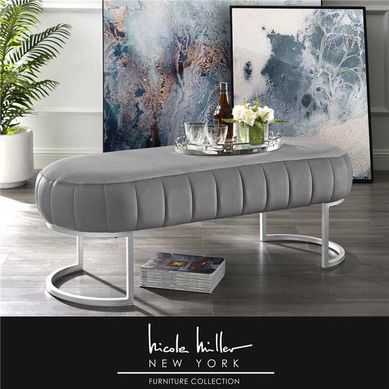 Posh Living Nicole Miller Orpheus Modern Velvet Bench in Gray/Silver ...