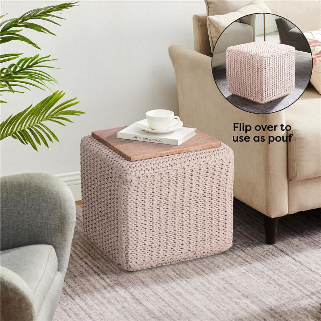Posh Living Posh Living Amayah 3-in-1 Square Pouf/Ottoman/End Table, Ivory - Walmart.com