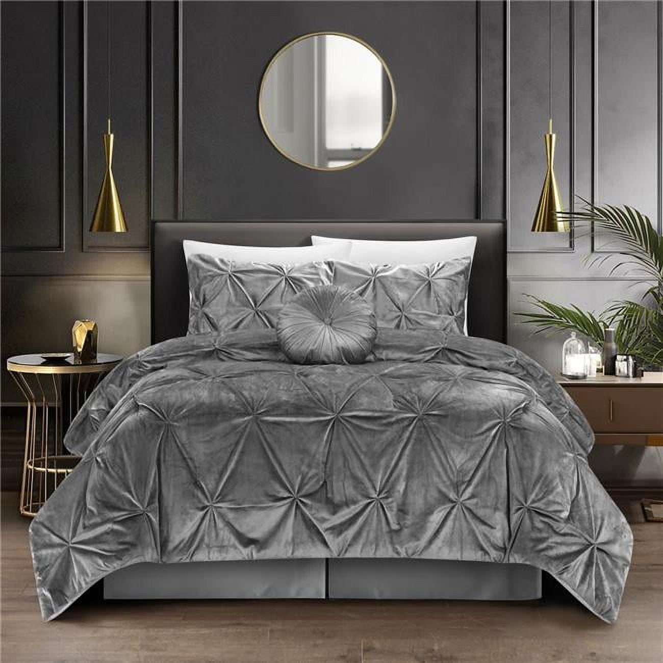PoshLiving Emmalee Modern 5 Piece Grey Pintuck Comforter Bedding Set ...