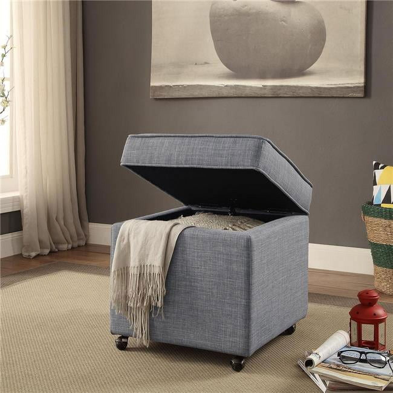 Posh Living Ruby Tufted Linen Fabric Cube Storage Ottoman with Casters in Gray - Walmart.com