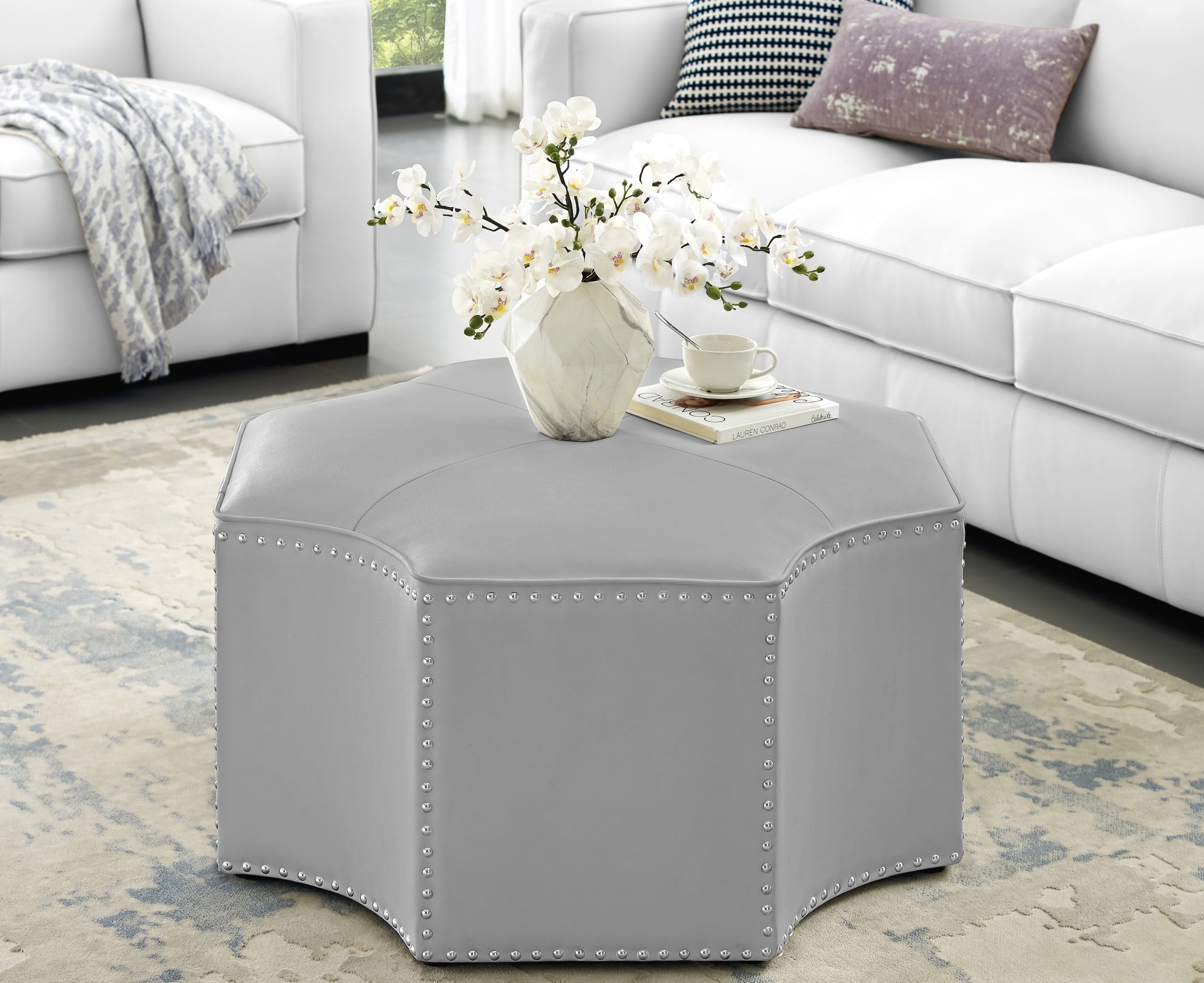Posh Living Runrawin Faux Leather Octagon Cocktail Ottoman in Silver ...