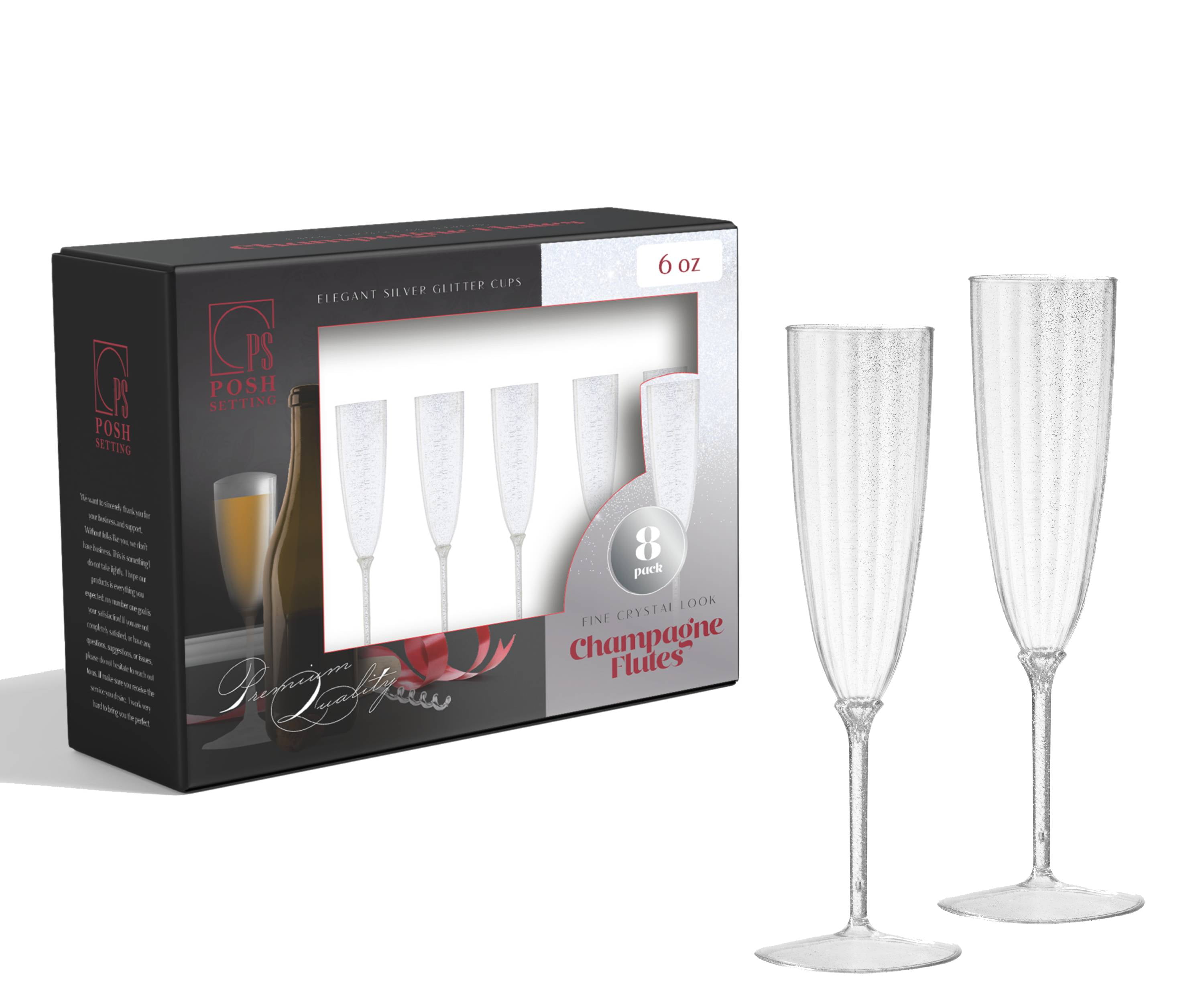 Posh Setting [8 Pack - 6 oz.] Plastic Champagne Flutes Silver Glitter ...