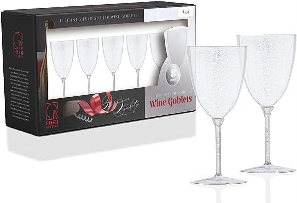Posh Setting Silver Glitter Plastic Wine Glasses 7oz, Hard Plastic Disposable Stemware, Drinking ...