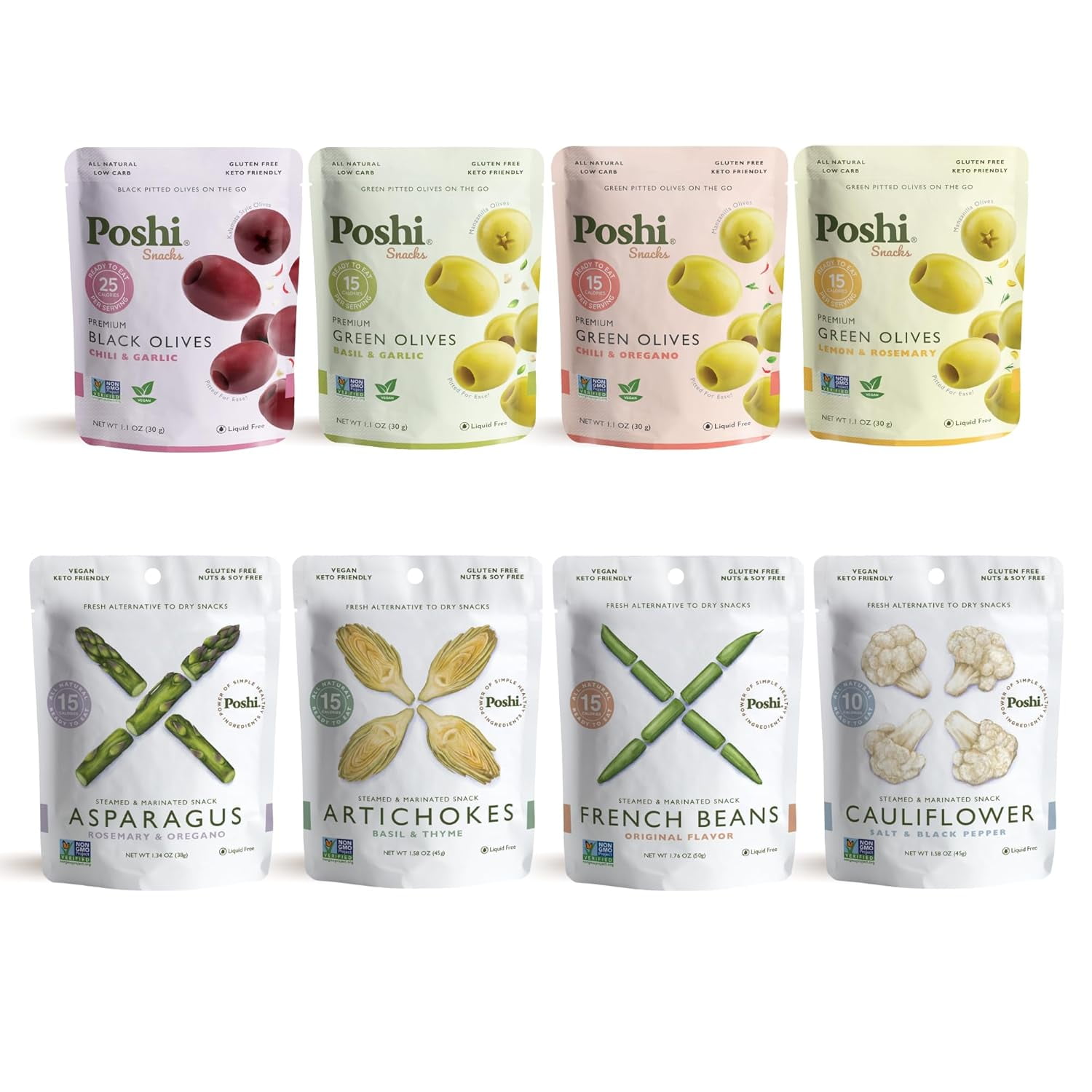 Poshi Olives + Veggies | Whole Pitted Olives 4 Flavor Variety | Poshi 4 ...