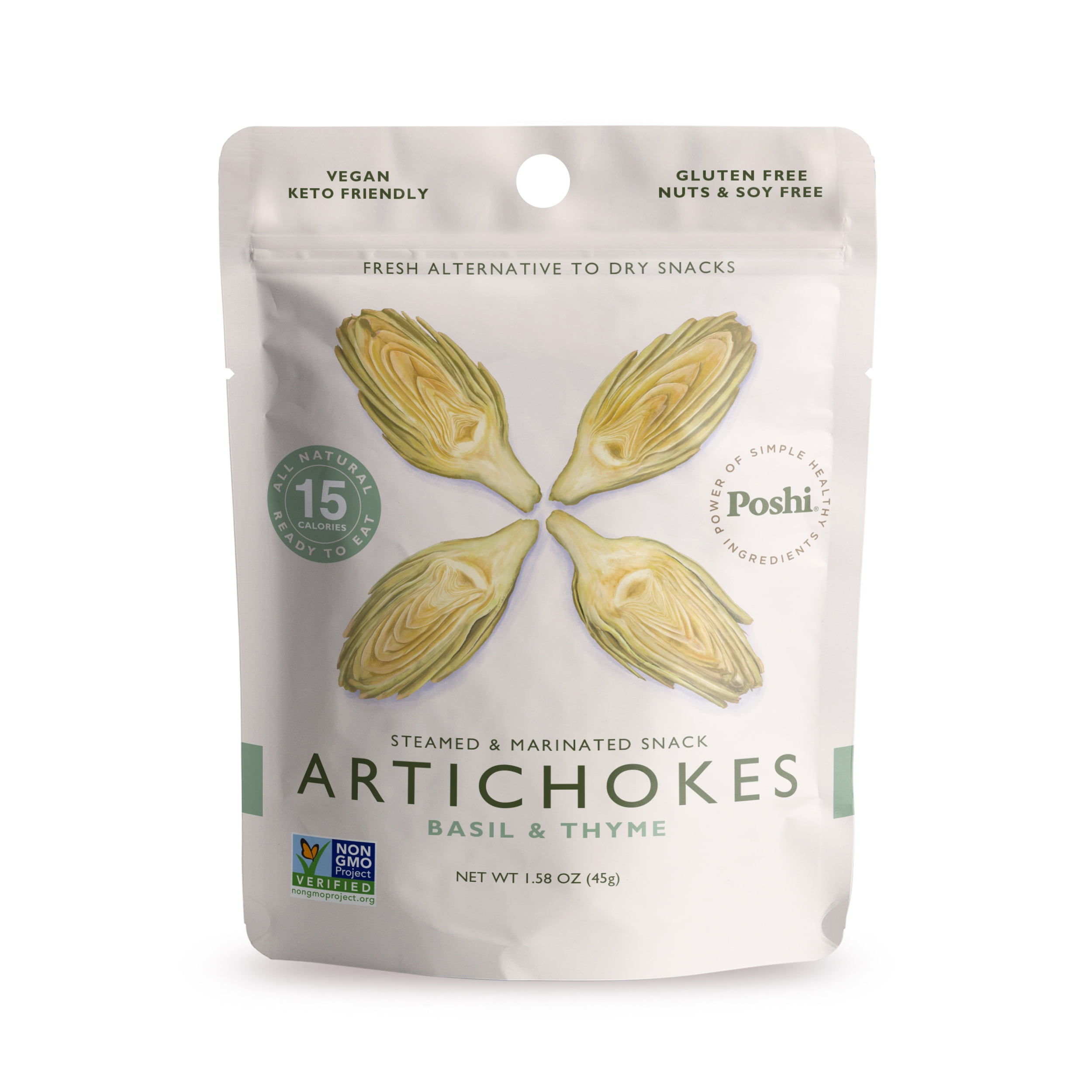 Poshi Steamed & Marinated Artichokes, Basil & Thyme, 1.58 oz. Pouch ...