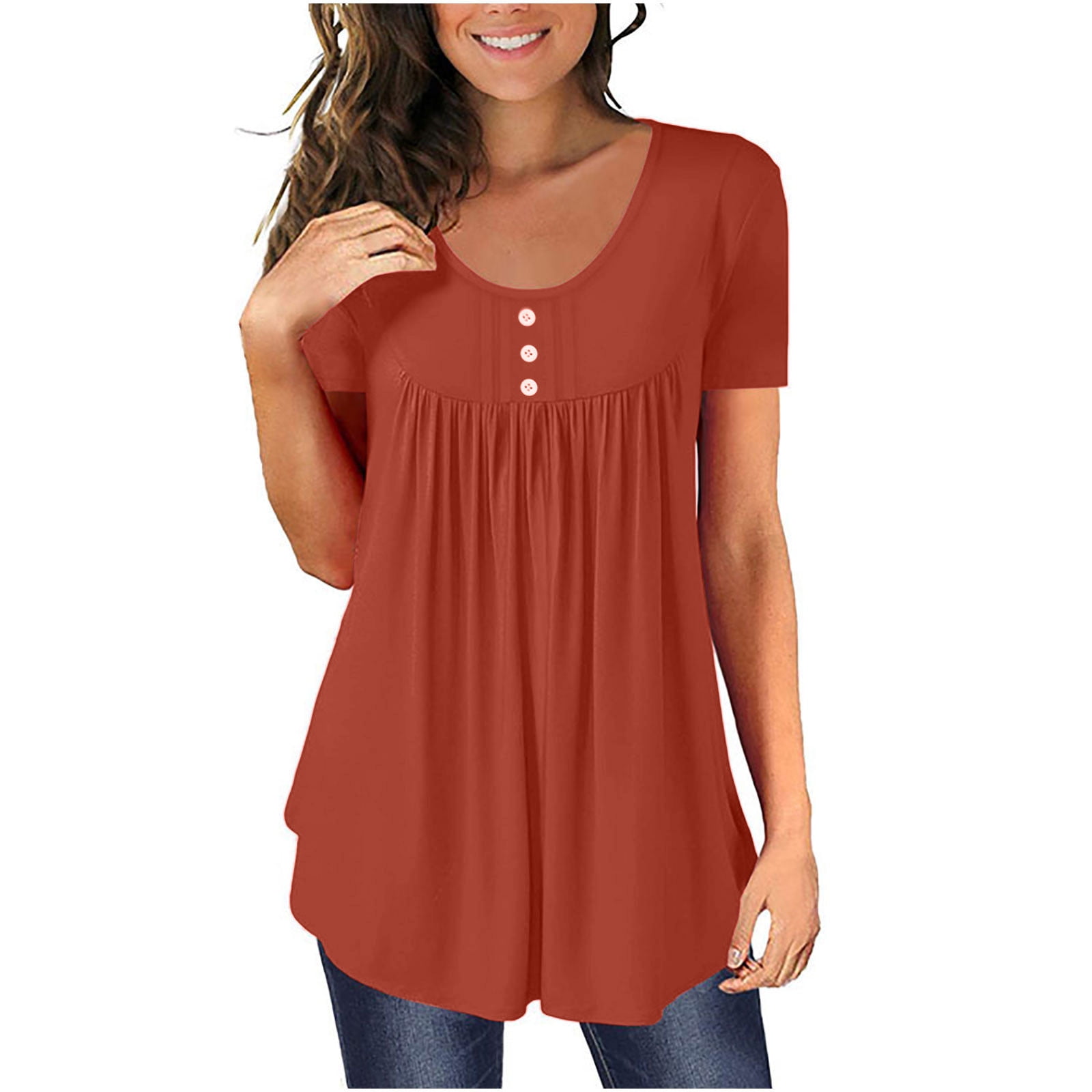 Posijego Flowy Tops for Women Plain Short Sleeve Pleated Front Tunic ...