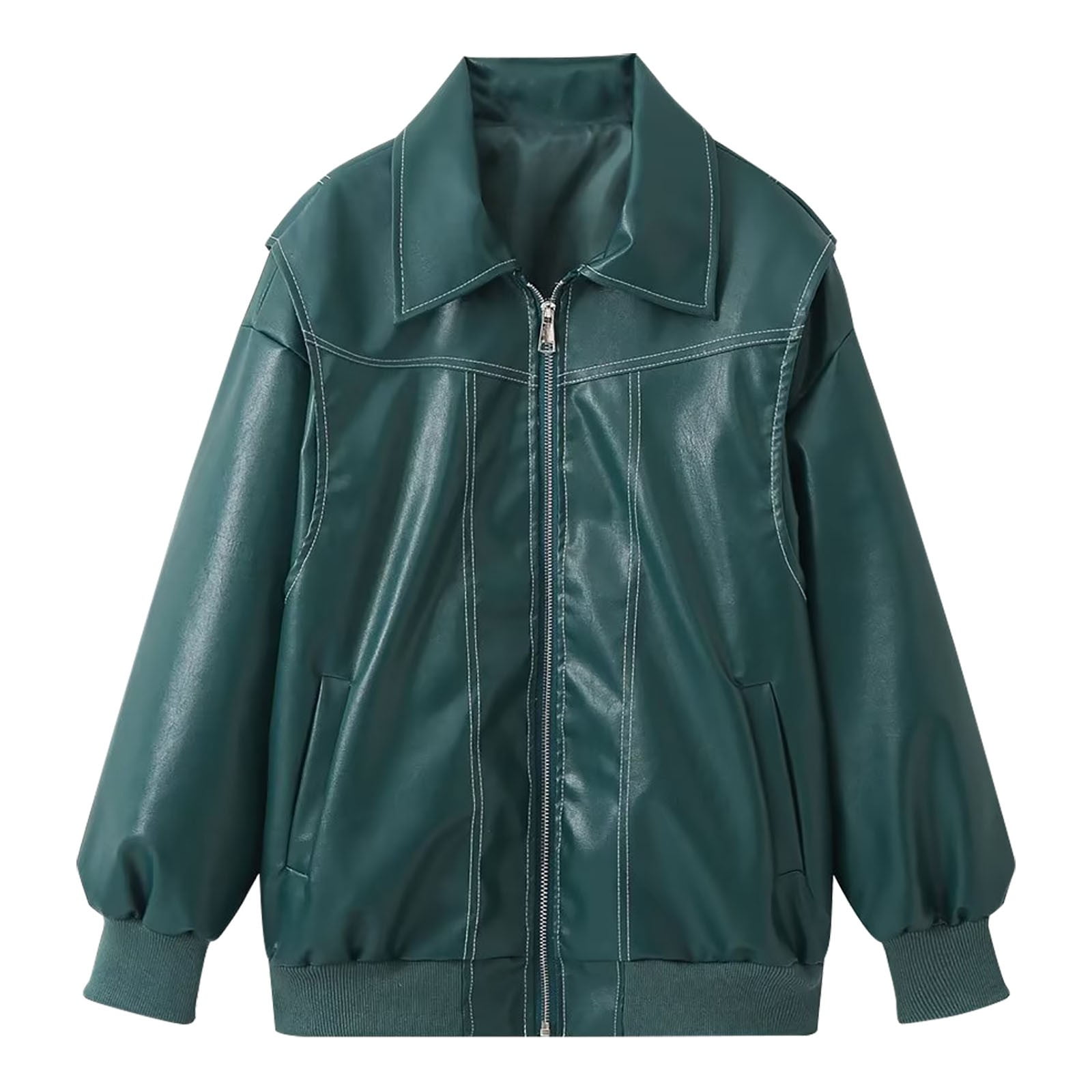 Posijego Leather Jacket for Women 1950s Vintage Long Sleeve Zip up Biker Coat Fashion Fall ...