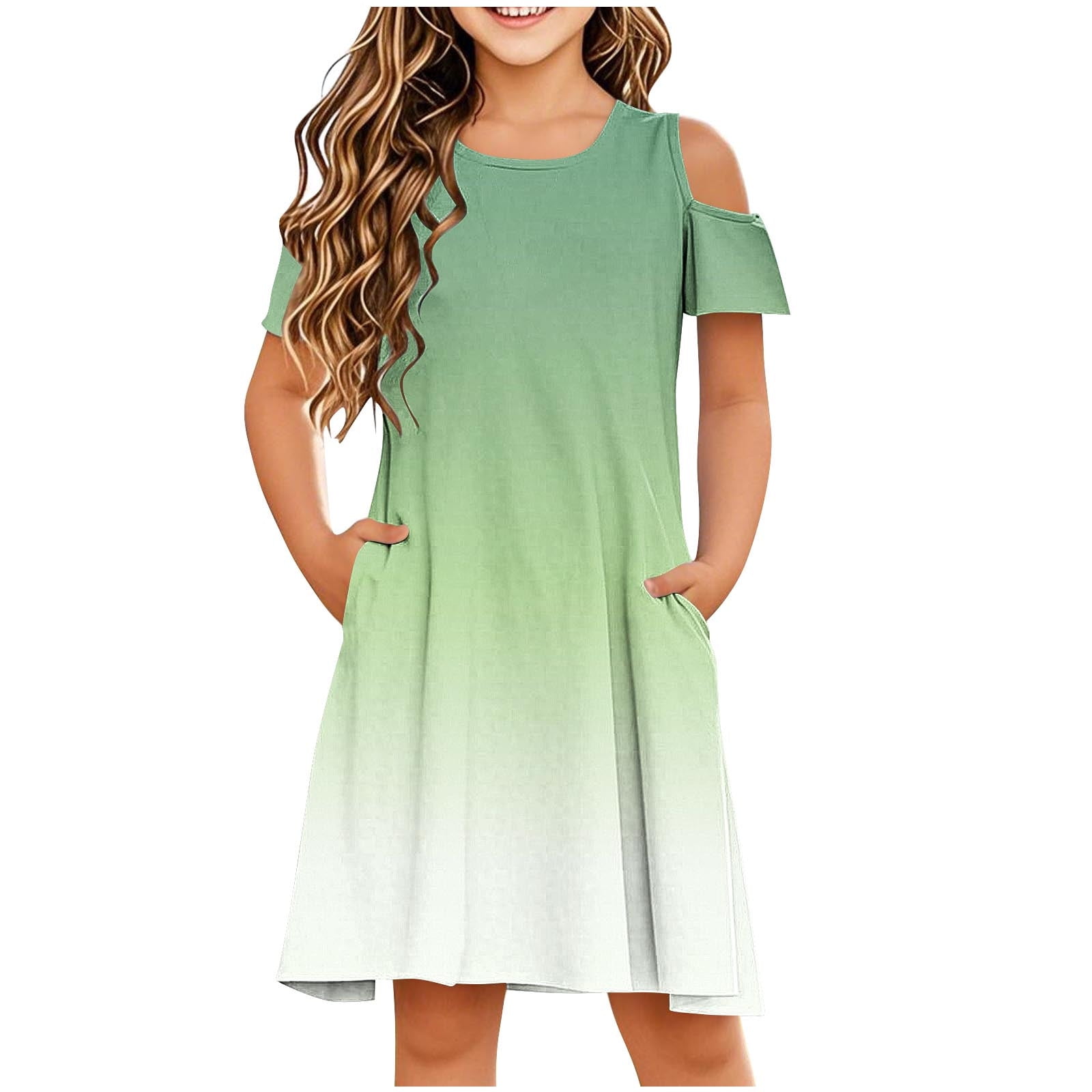 Posijego Little & Big Girls Casual Dresses Cold Shoulder Short Sleeve ...