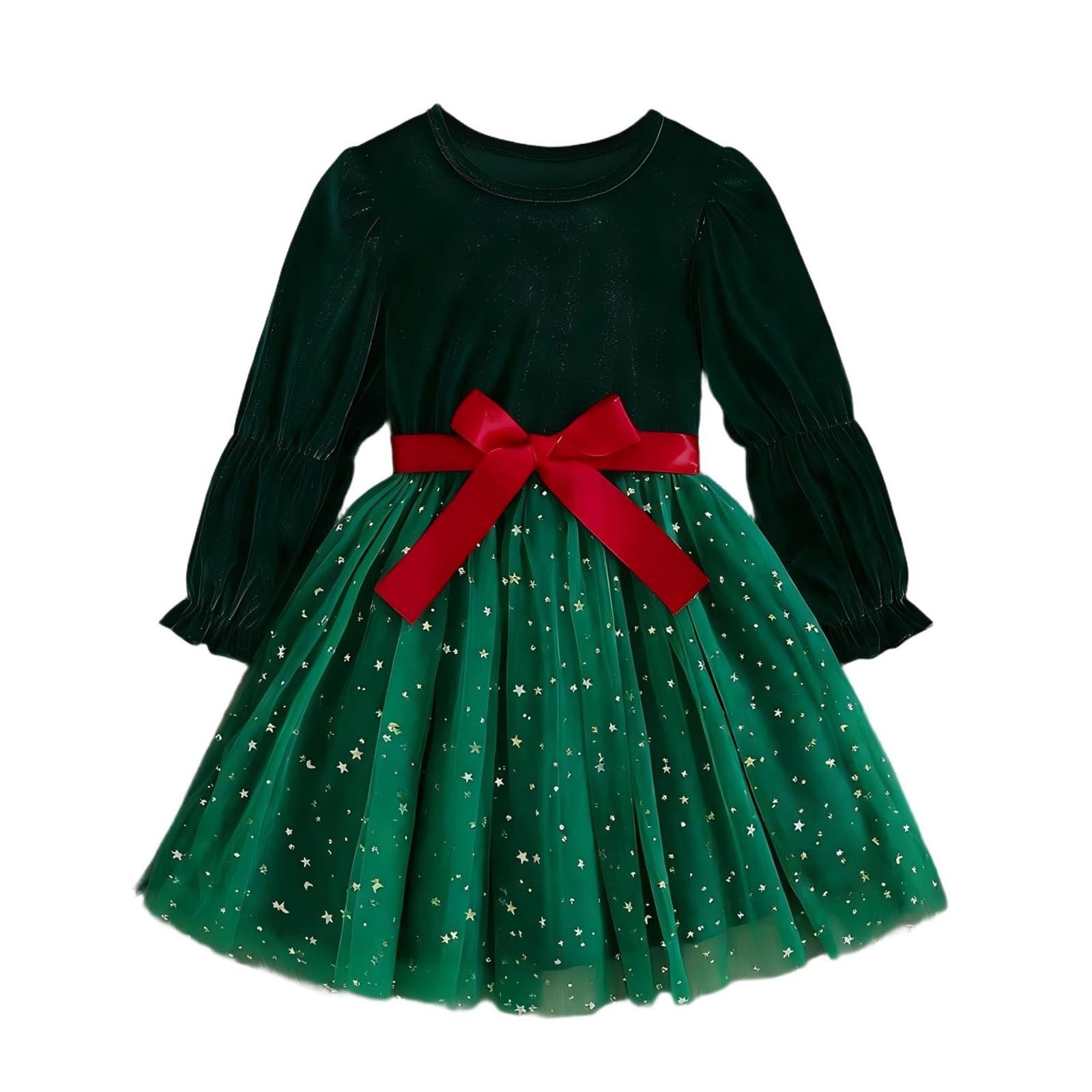 Posijego Little Girls Mesh Dress Christmas Ruffle Long Sleeve Velvet ...