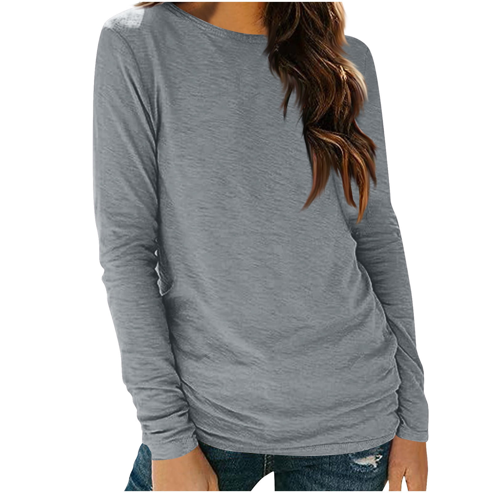 Posijego Long Sleeve Tee Shirts for Women Plain Basic Tops Round Neck ...
