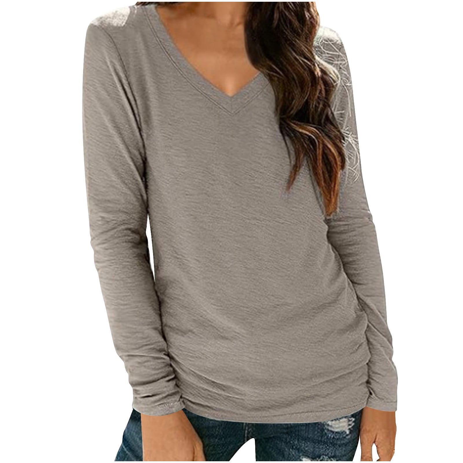 Posijego Long Sleeve Tee Shirts for Women Plain Basic Tops V Neck ...