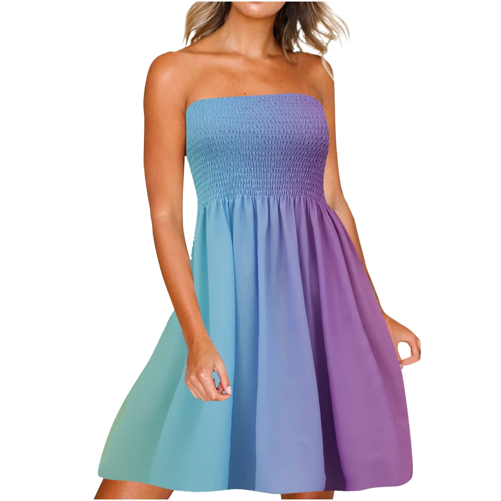 Posijego Mini Dresses for Women Strapless Short Dress Elastic Smocked A ...