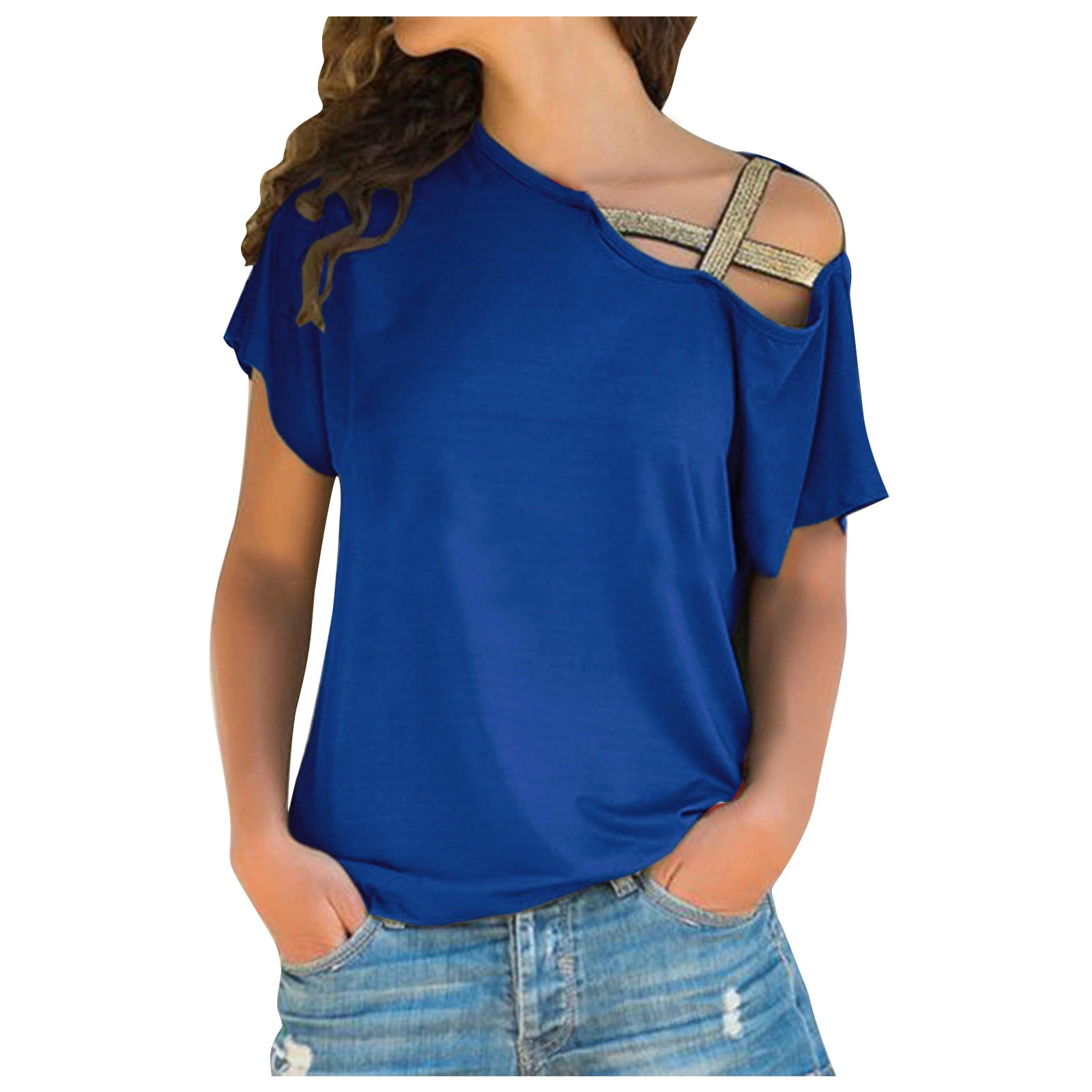 Posijego One Shoulder Tops for Women Fashion Short Sleeve T-Shirts ...