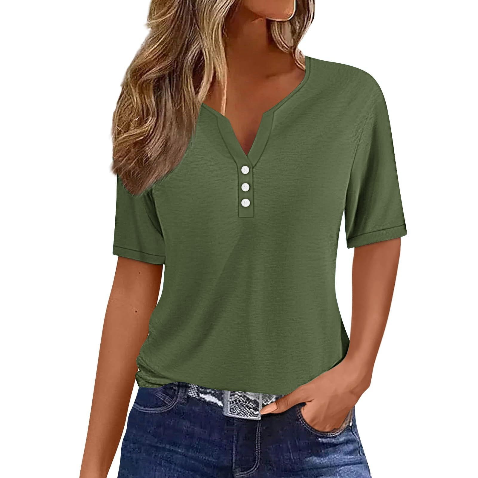 Posijego Plain Tshirts for Women V Neck Button Short Sleeve Tops Women ...