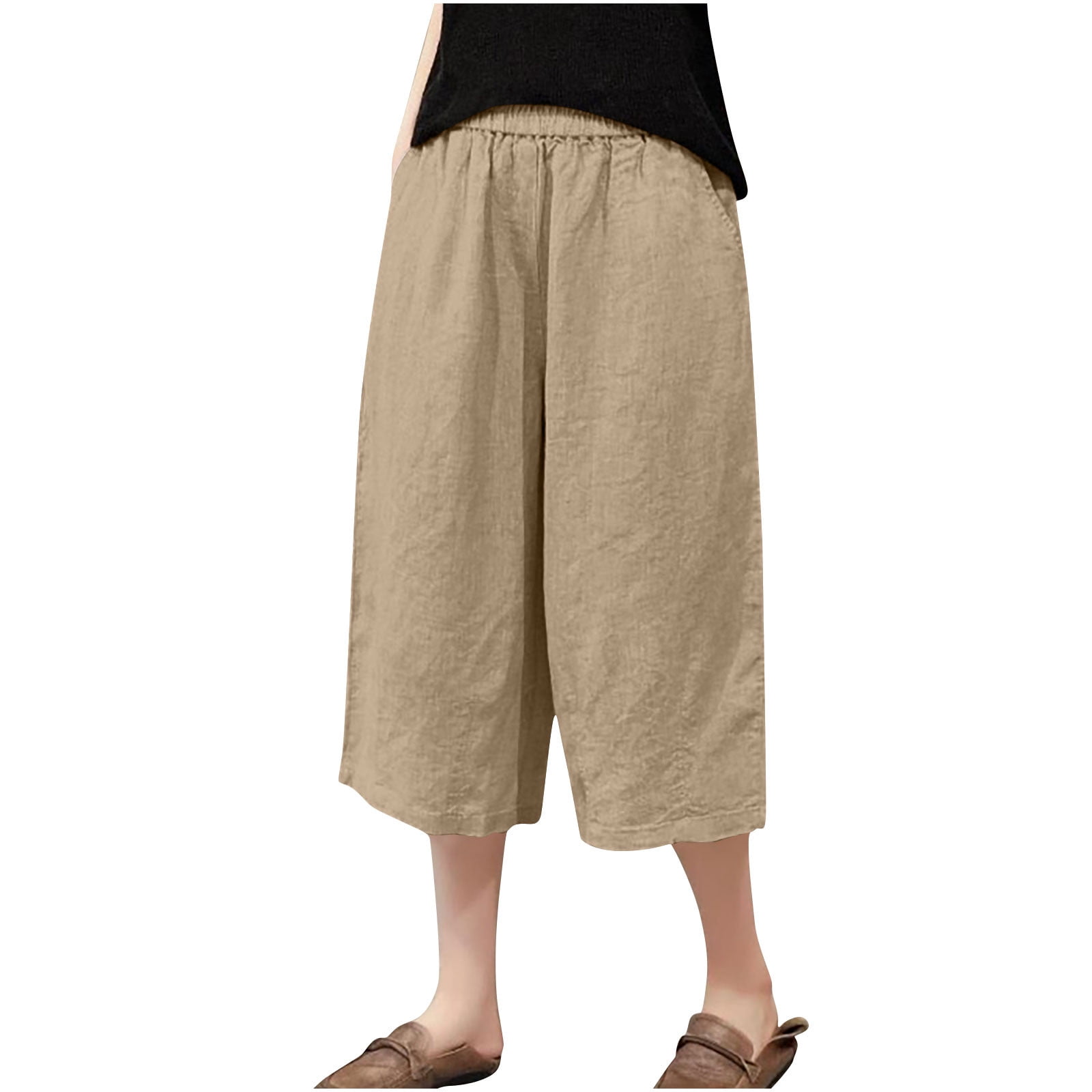 Posijego Plus Size Capri Pants for Women Cotton Linen Cropped Trousers ...