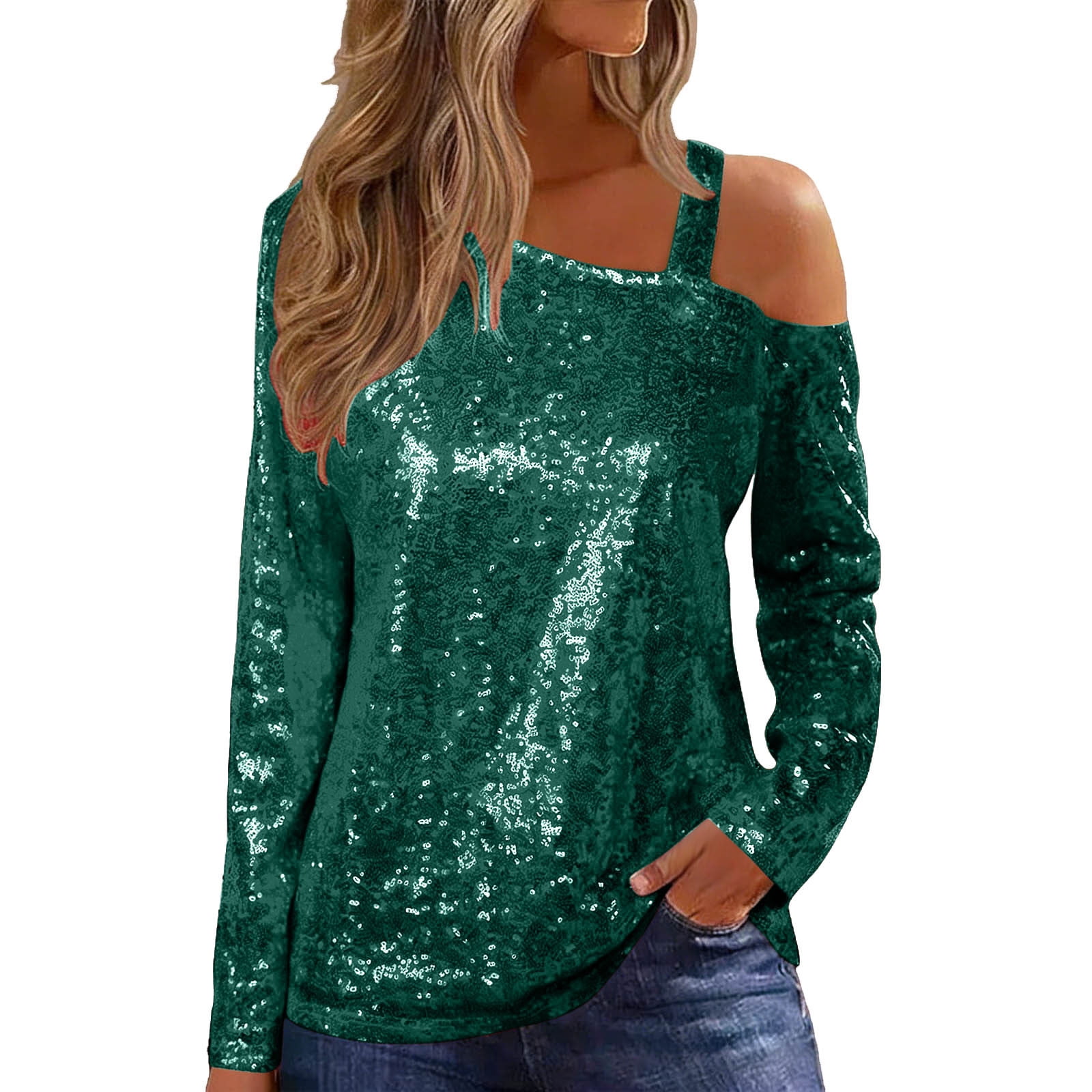 Posijego Sequins Long Sleeve Tops for Women Cold Shoulder Party Formal ...