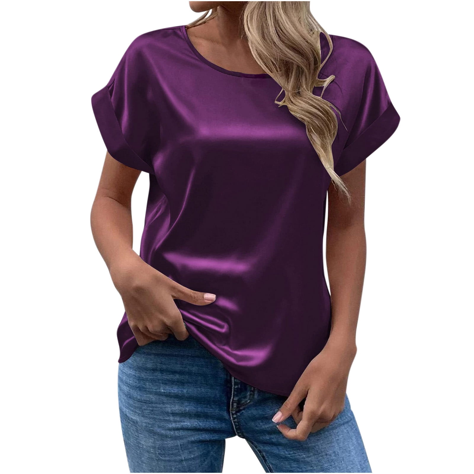 Posijego Silk Satin Tops for Women Dressy Casual Short Sleeve Crew Neck ...