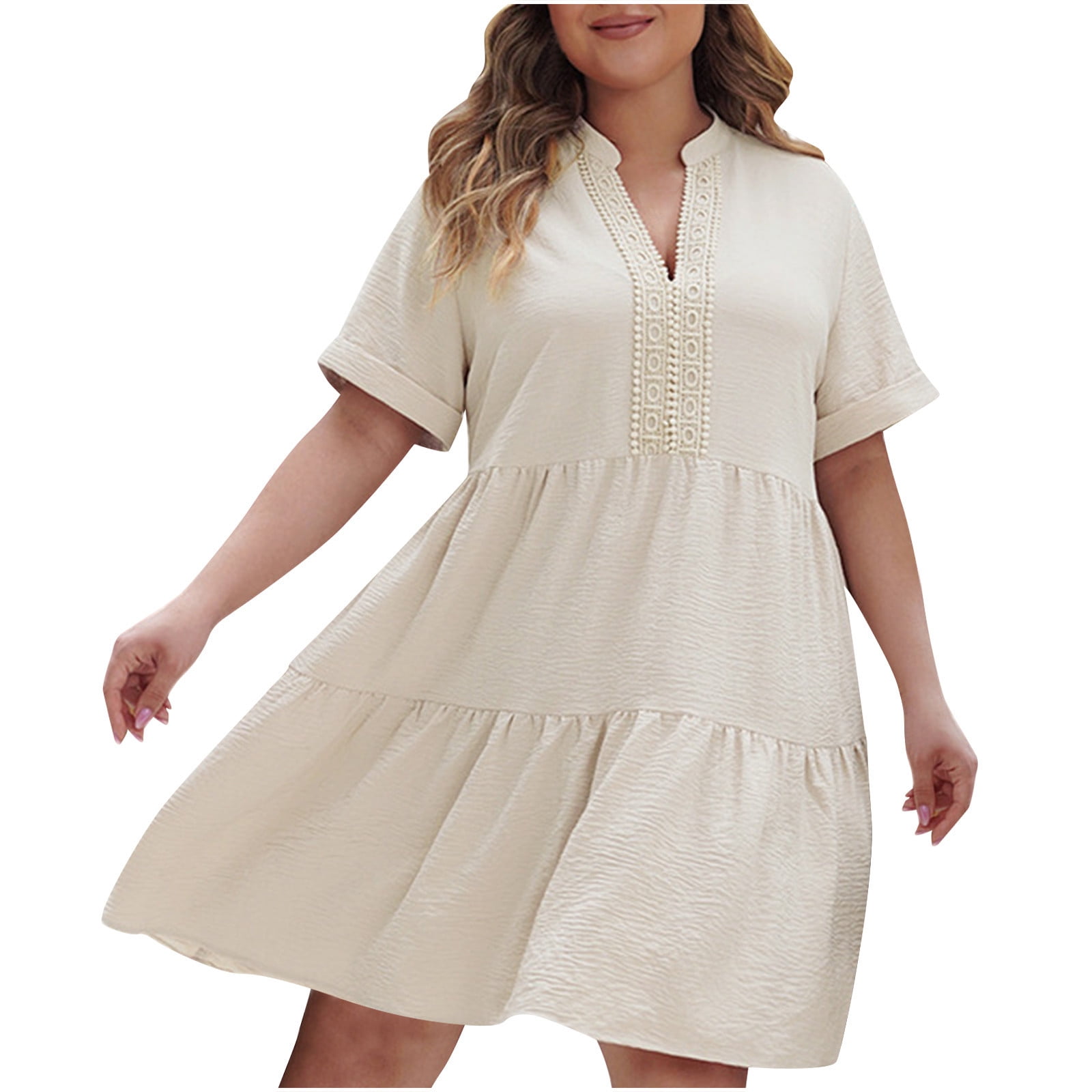 Posijego V Neck Boho Dresses Plus Size Summer Short Sleeve Ruffled ...