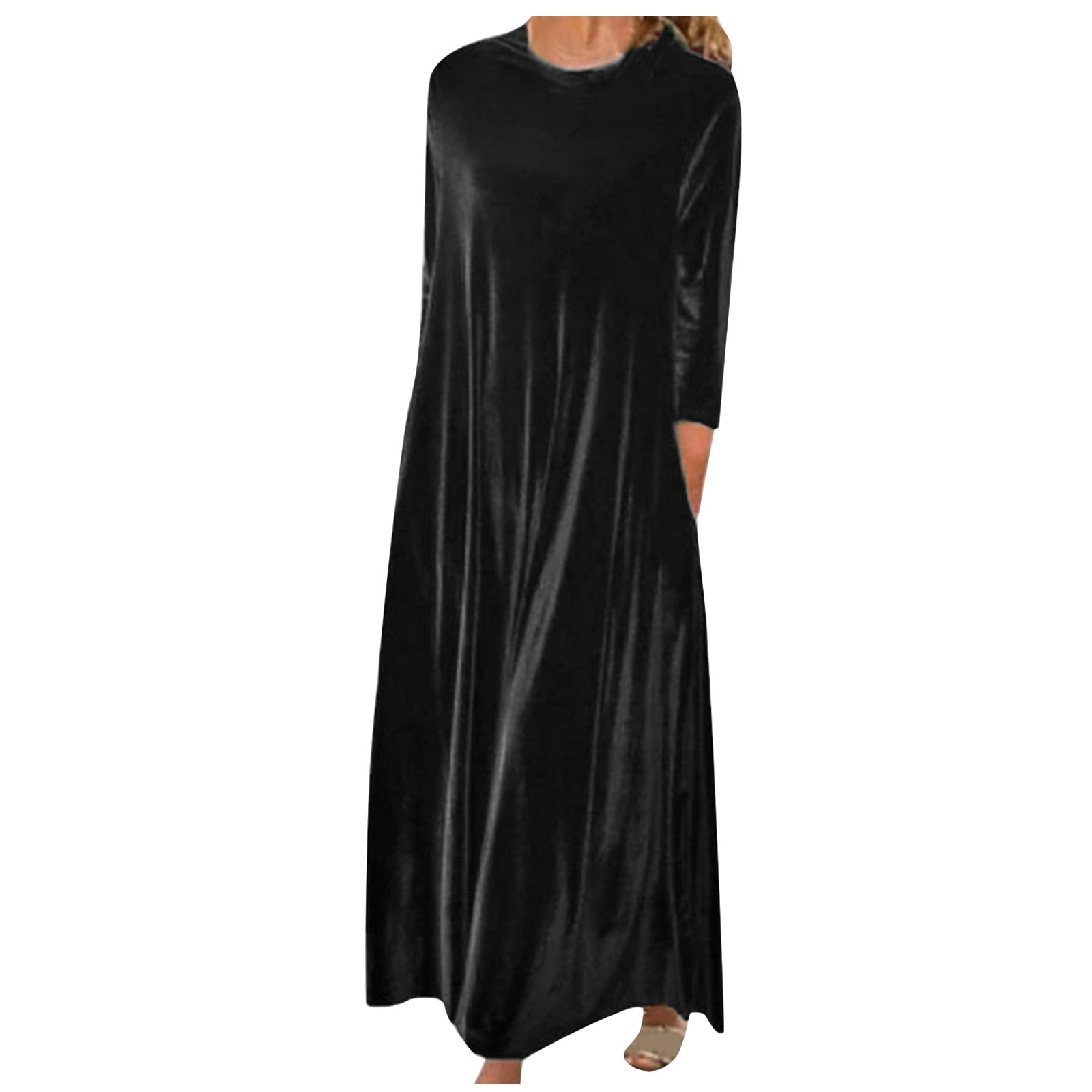 Posijego Velvet Maxi Dress for Women Spring Long Sleeve Loose Casual ...