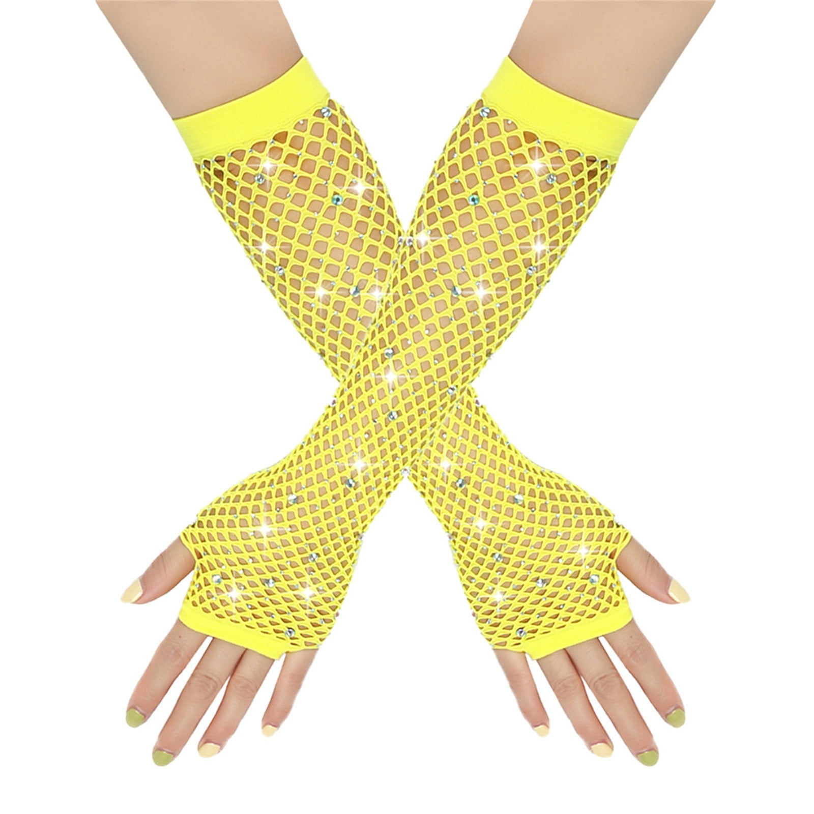 Posijego Women Long Arm Warmers Hot Drill Fishnet Fingerless Gloves ...
