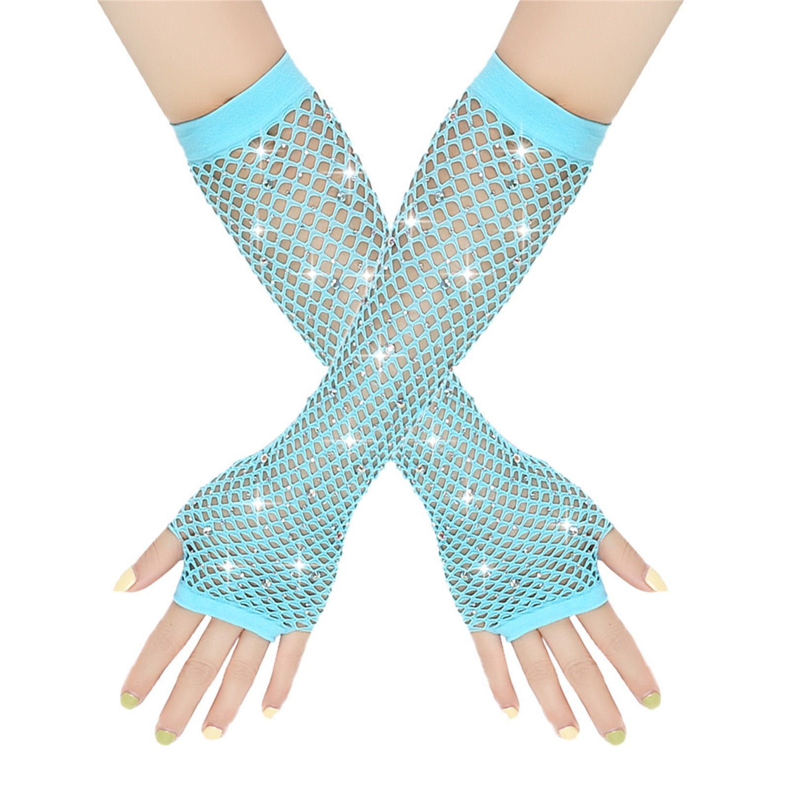 Posijego Women Long Arm Warmers Hot Drill Fishnet Fingerless Gloves ...