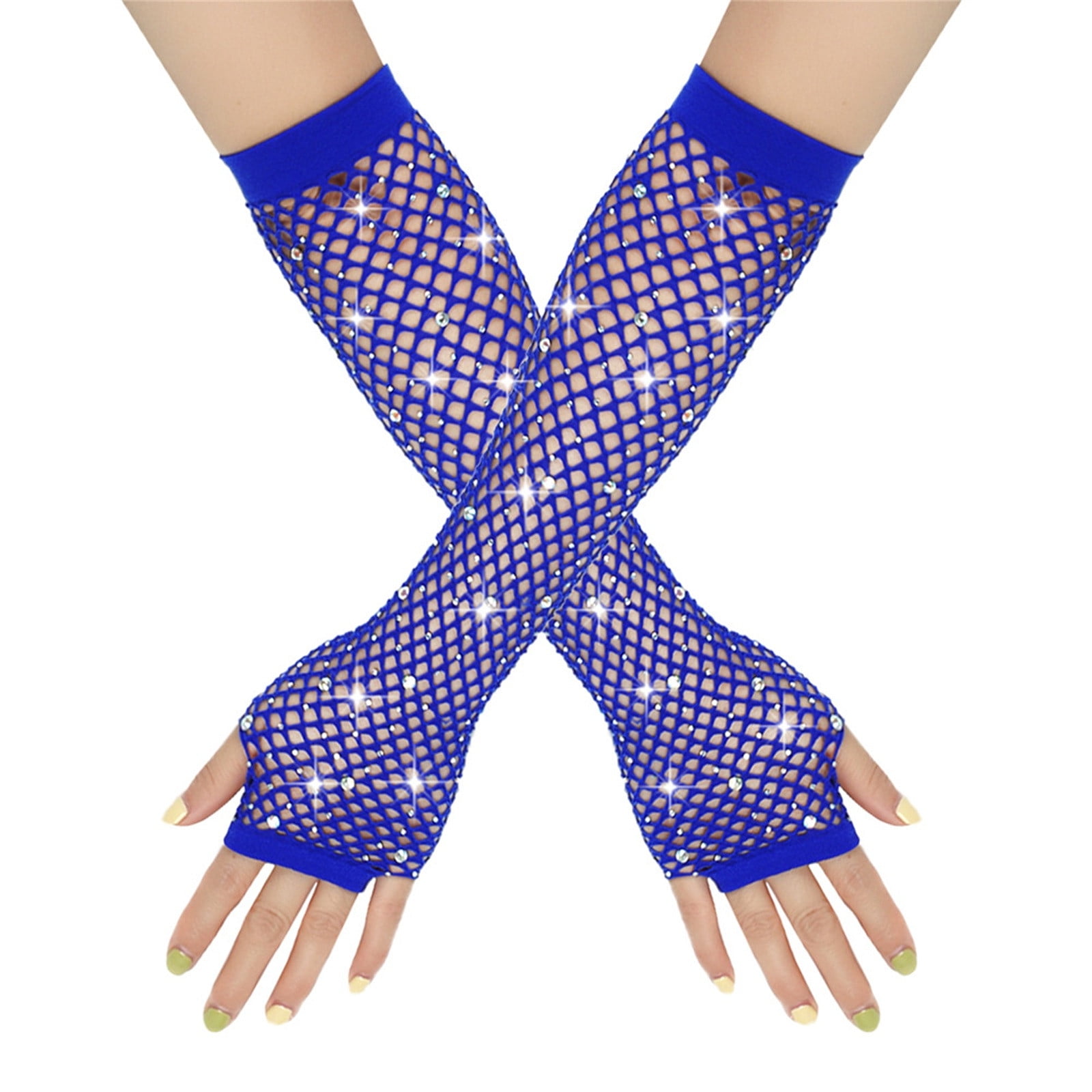 Posijego Women Long Arm Warmers Hot Drill Fishnet Fingerless Gloves ...
