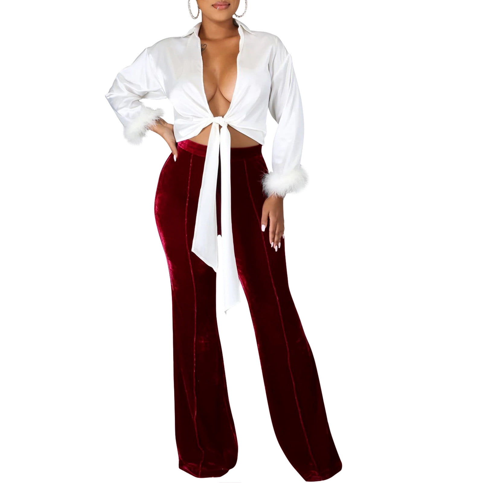 Posijego Women Velvet Flare Pants Vintage High Waist Bell Bottom