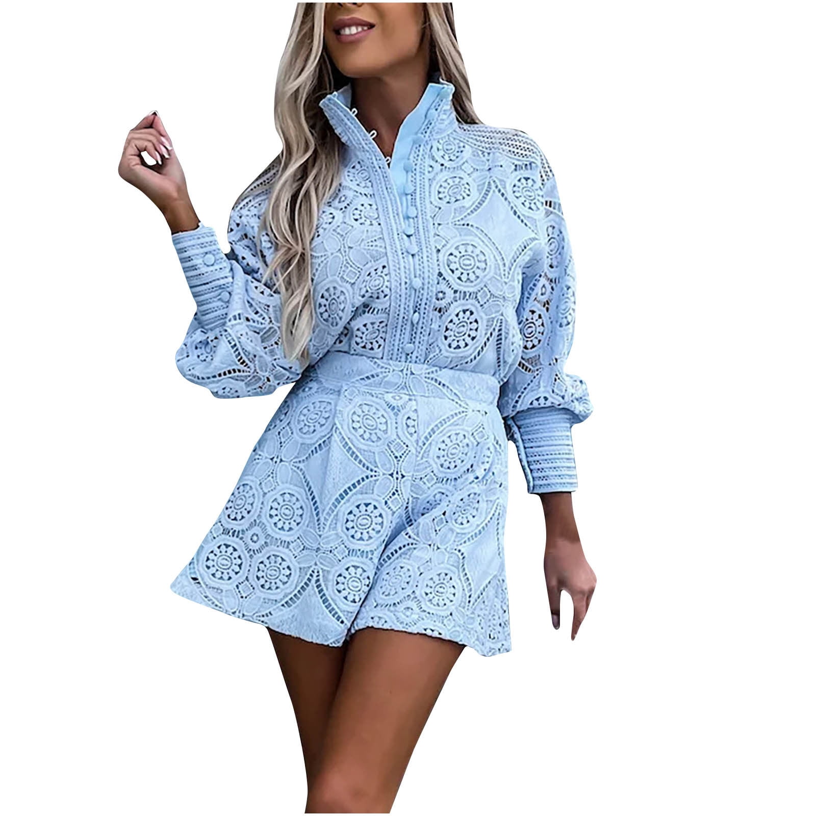 Posijego Women's 2 Piece Outfit Lounge Lace Crochet Button Long Sleeve ...