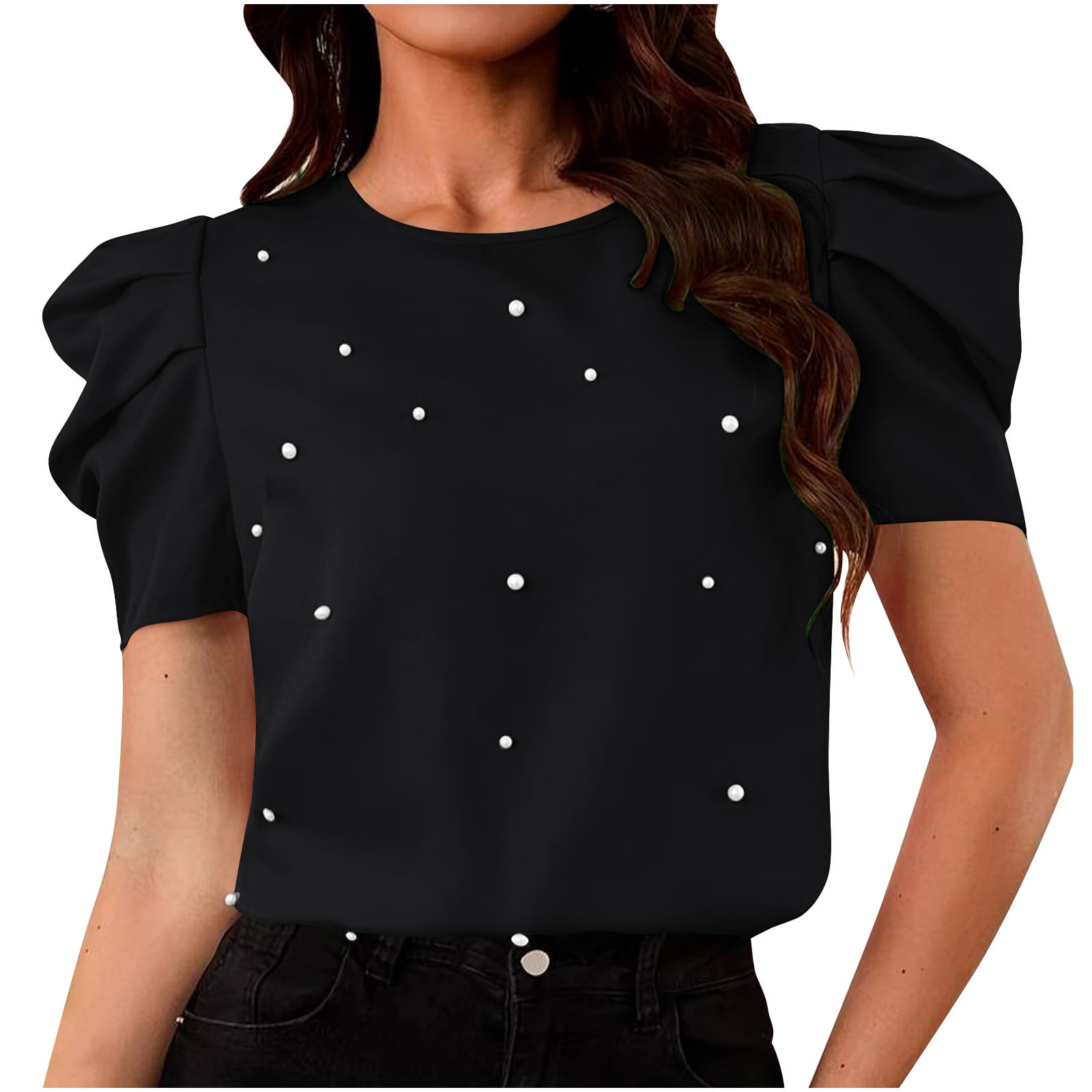 Posijego Women's Blouse with Pearls Puff Short Sleeve Dressy Casual ...