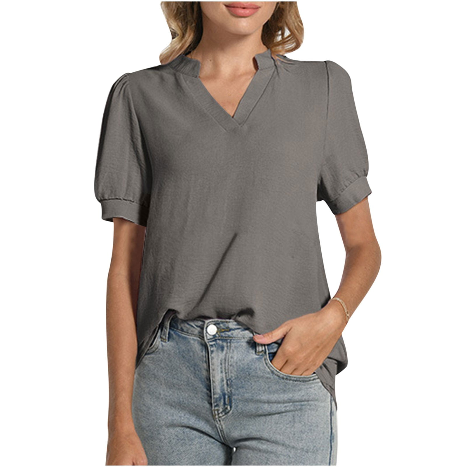 Posijego Women's Business Casual Blouses V Neck Puff Short Sleeve Tunic ...