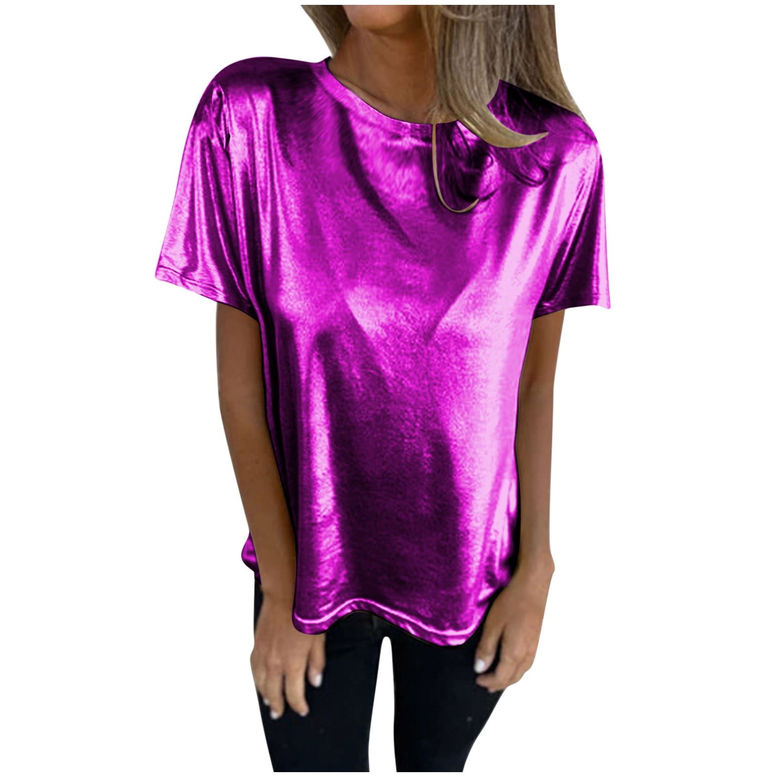 Posijego Women's Metallic Shiny Shirts Sparkly Short Sleeve T-Shirts ...