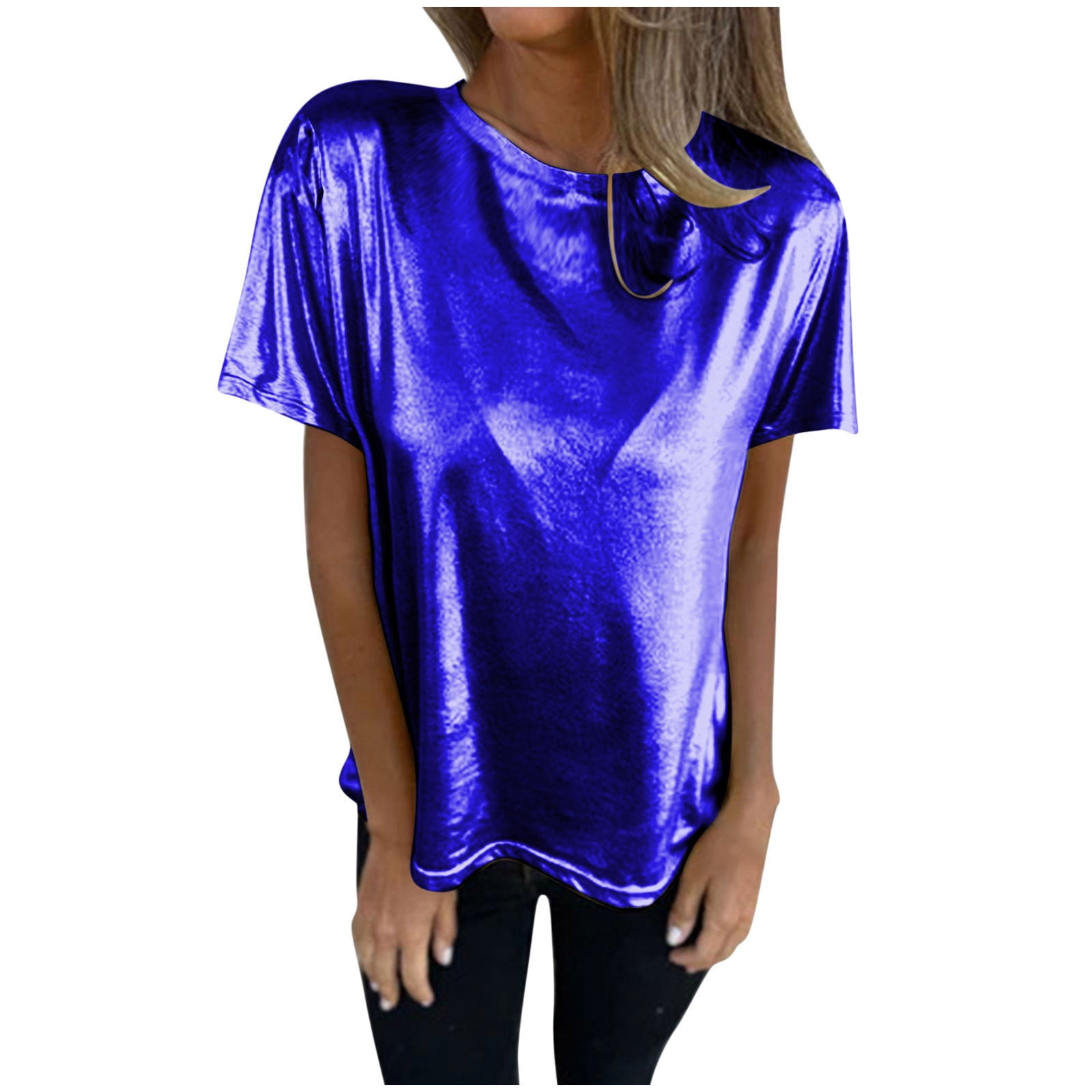 Posijego Women's Metallic Shiny Shirts Sparkly Short Sleeve T-Shirts ...