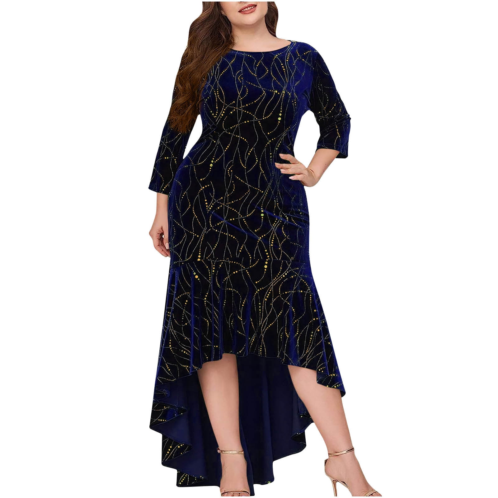 Posijego Women's Midi Velvet Dresses Long Sleeve Ruffle Flowy Cocktail ...