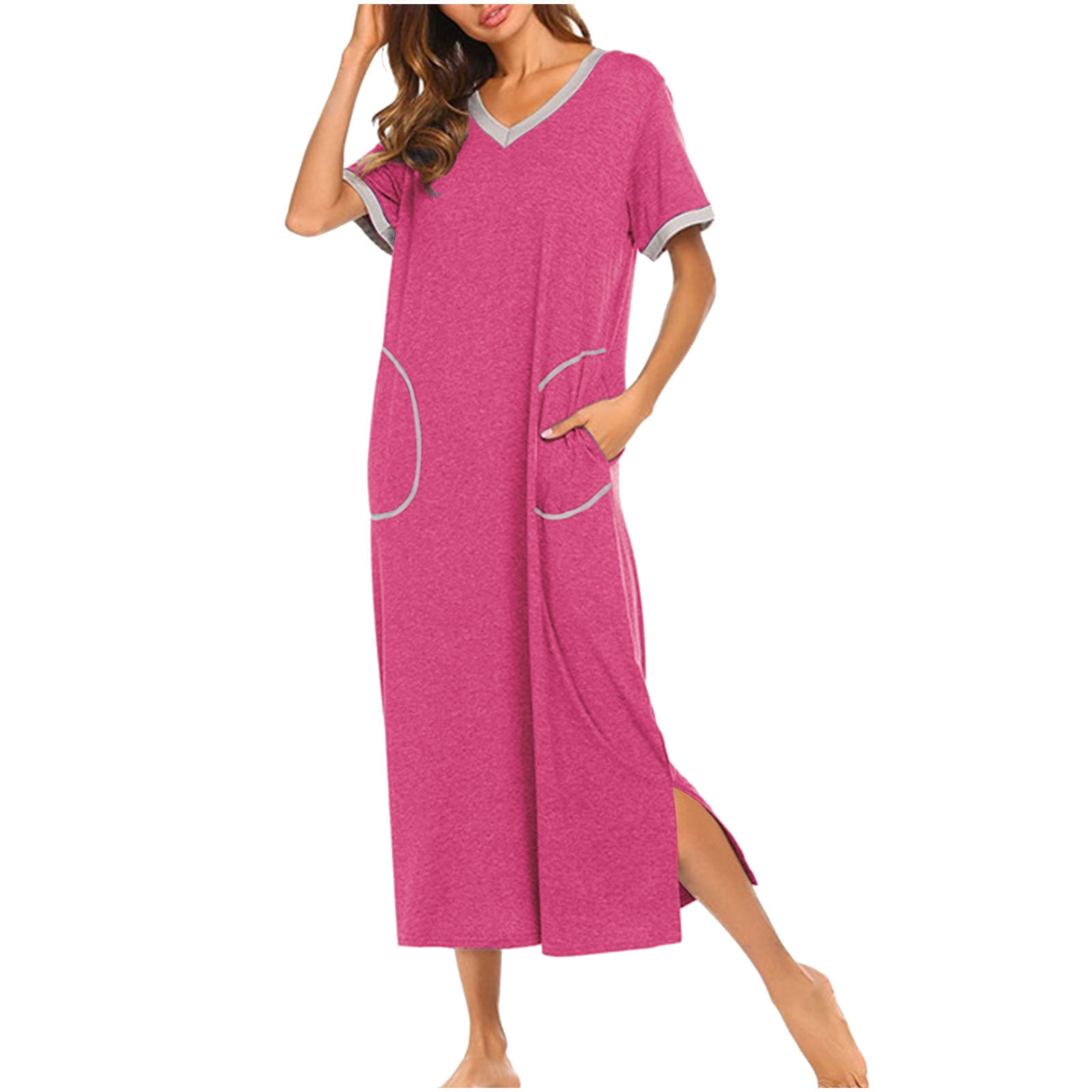 Posijego Women's Nightgowns Short Sleeve Loungewear Pockets Side Split ...