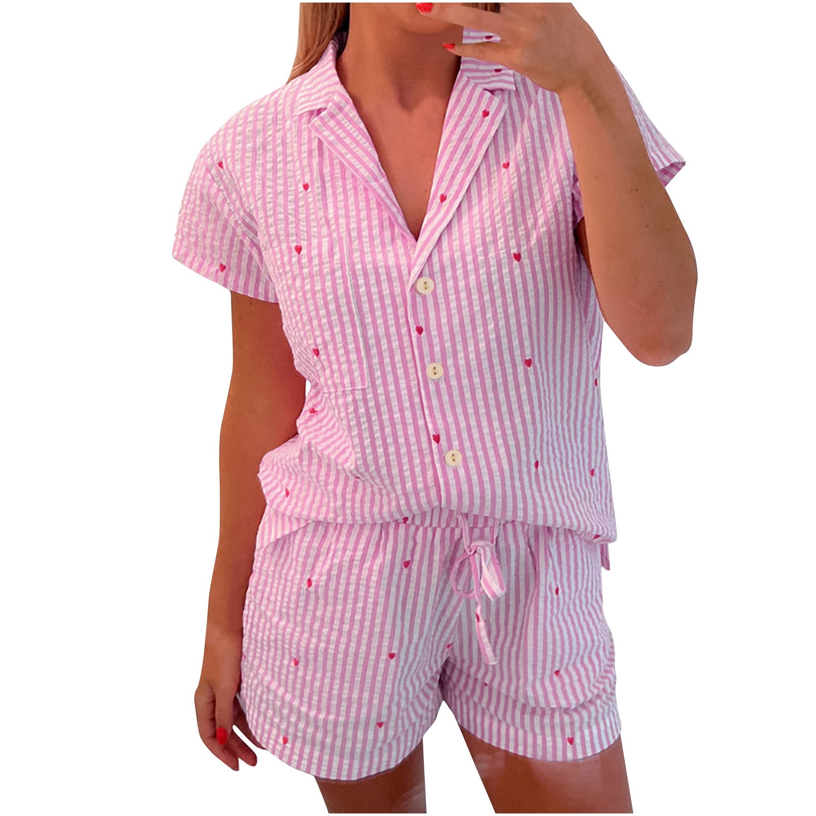 Posijego Women's Pajama Set Striped Button Down Short Sleeve Sleepwear ...