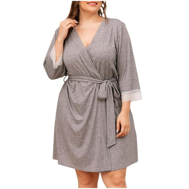 Posijego Women's Plus Size Robe 3/4 Sleeve Wrap V Neck Sleepwear Loose ...