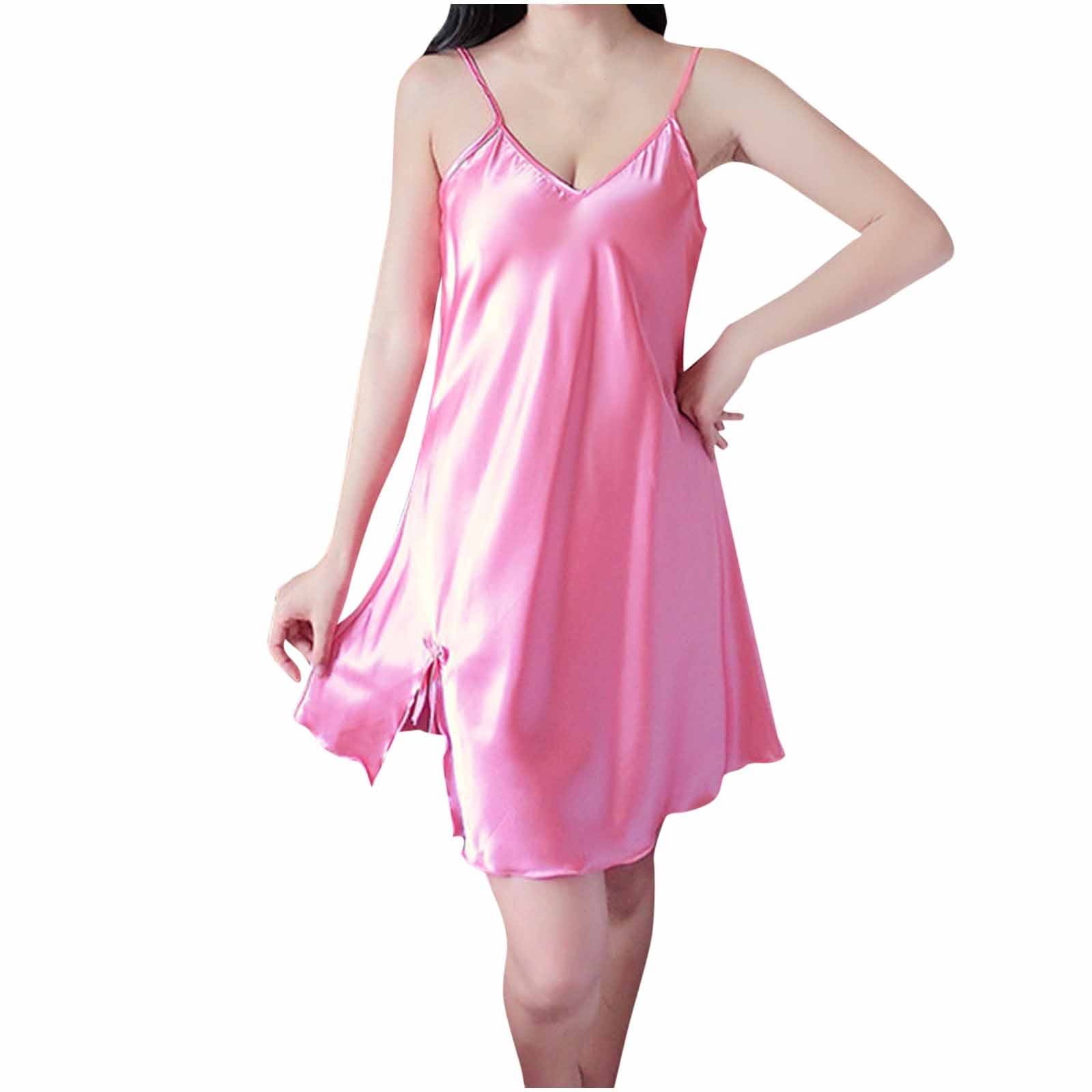 Posijego Women's Satin Nightgown Short Sleeve Pajama Dress Button Down ...